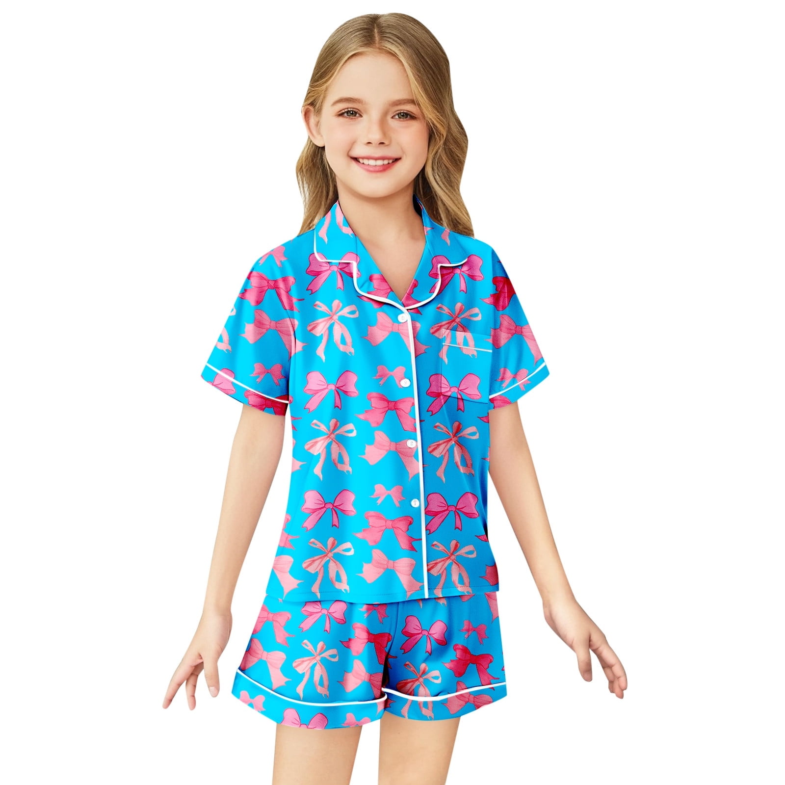Tween Girls Satin Pajamas Bow Tie Printed 2 Piece Short Sleeve Button ...