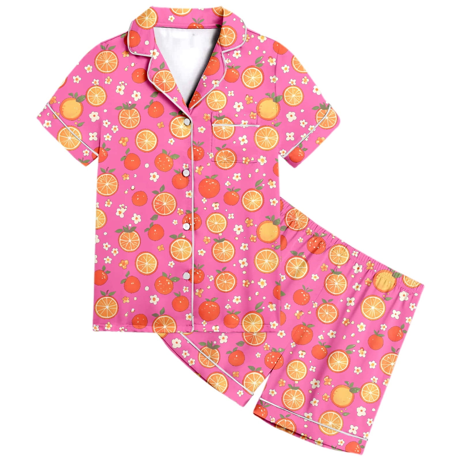 Tween Girls Silk Pajamas Fruit Print 2 Piece Short Sleeve Button Down ...