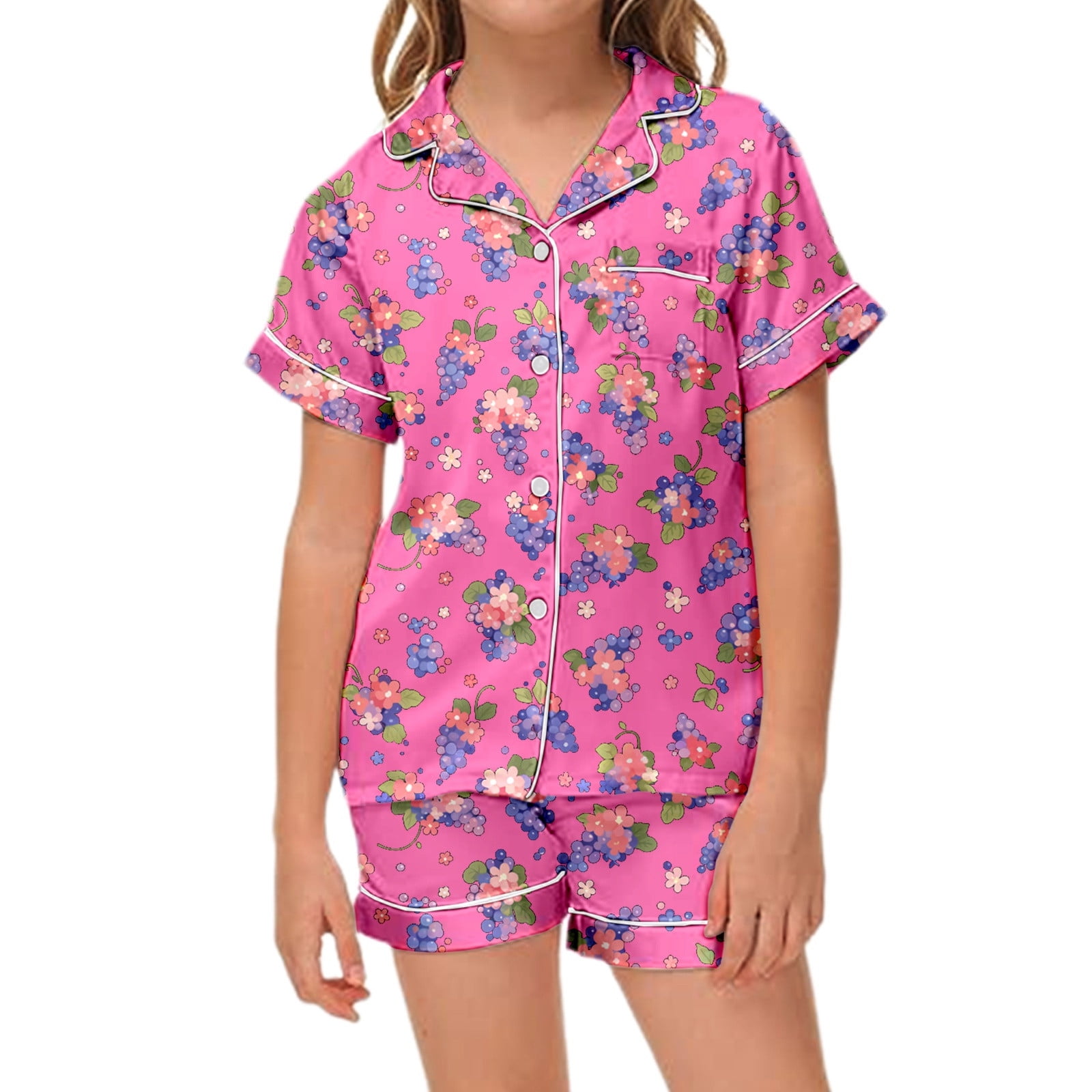 Tween Girls Silk Pajamas Fruit Print 2 Piece Short Sleeve Button-Down ...