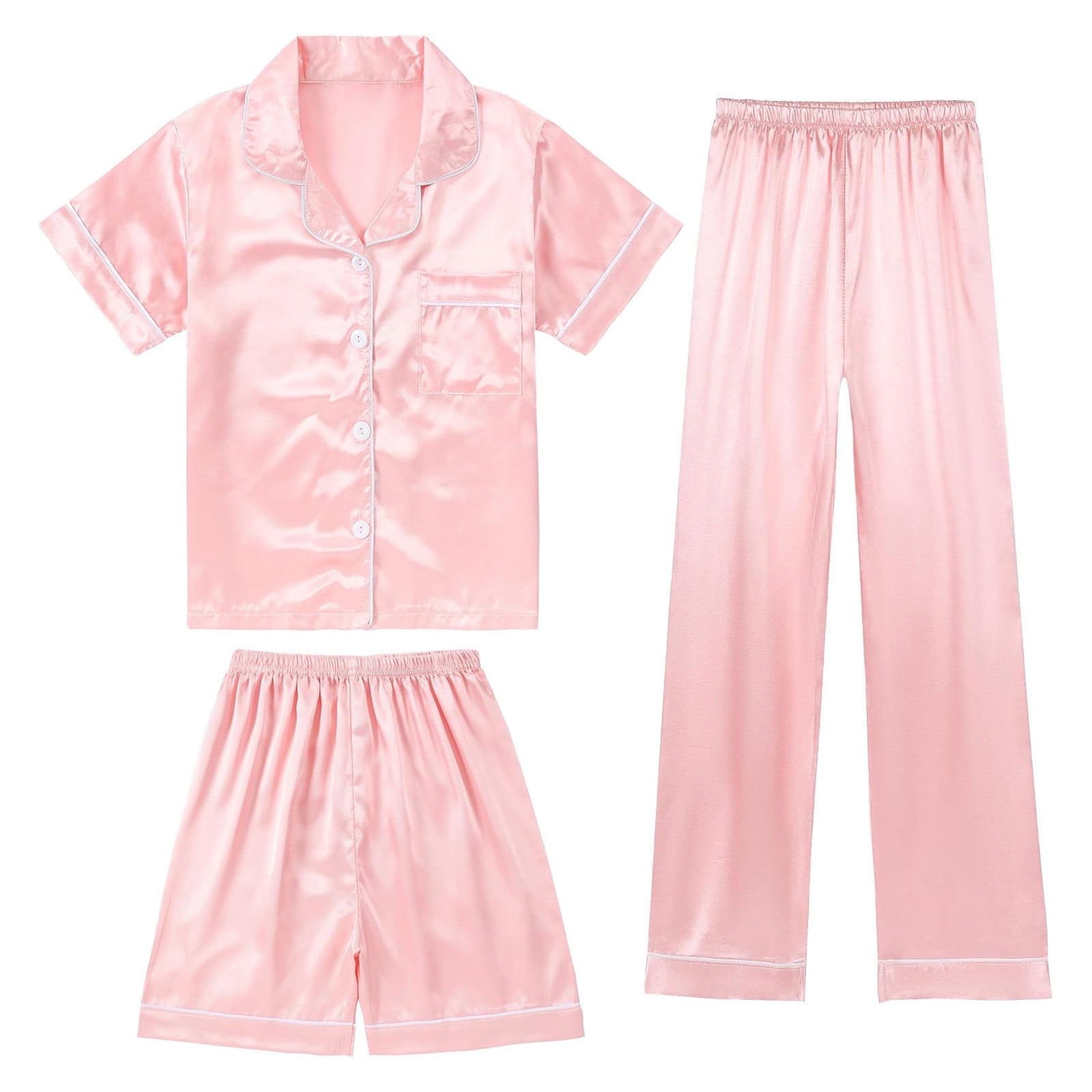 Tween Girls Silk Pajamas Set 3 Piece Set Short Sleeve Button Down ...