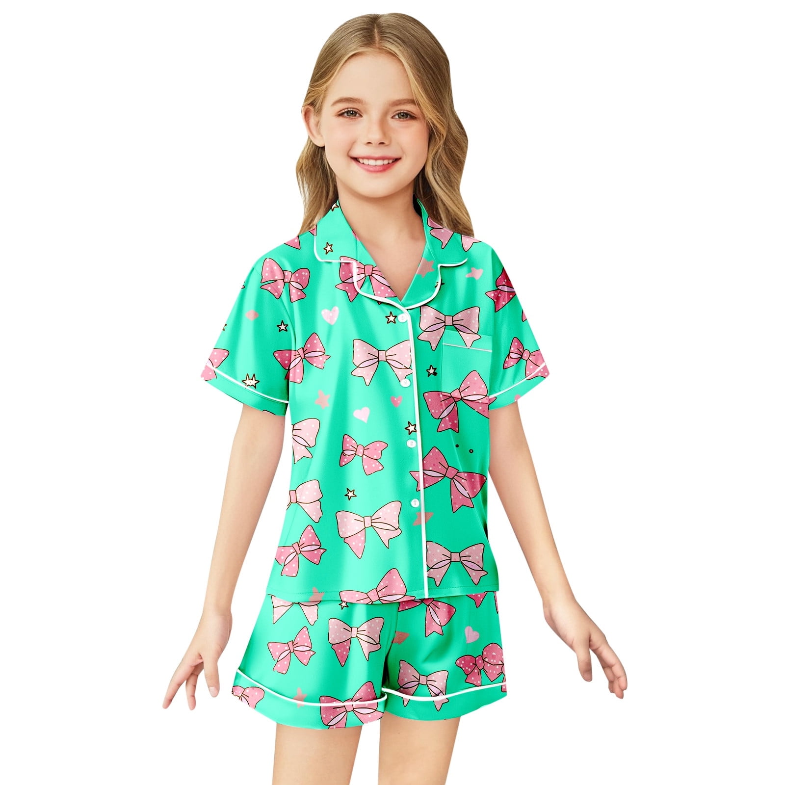 Tween Girls Silk Pajamas Set Bowknot Printed 2 Piece Set Short Sleeve ...