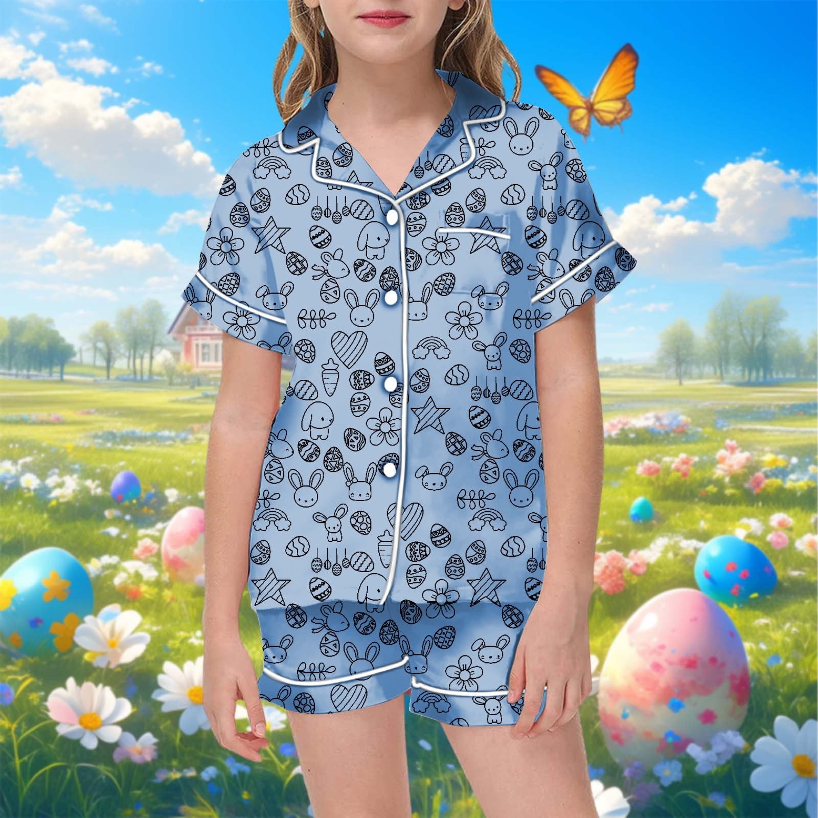 Tween Girls Silk Pajamas Set Cartoon Button Down Tops Set Classic ...