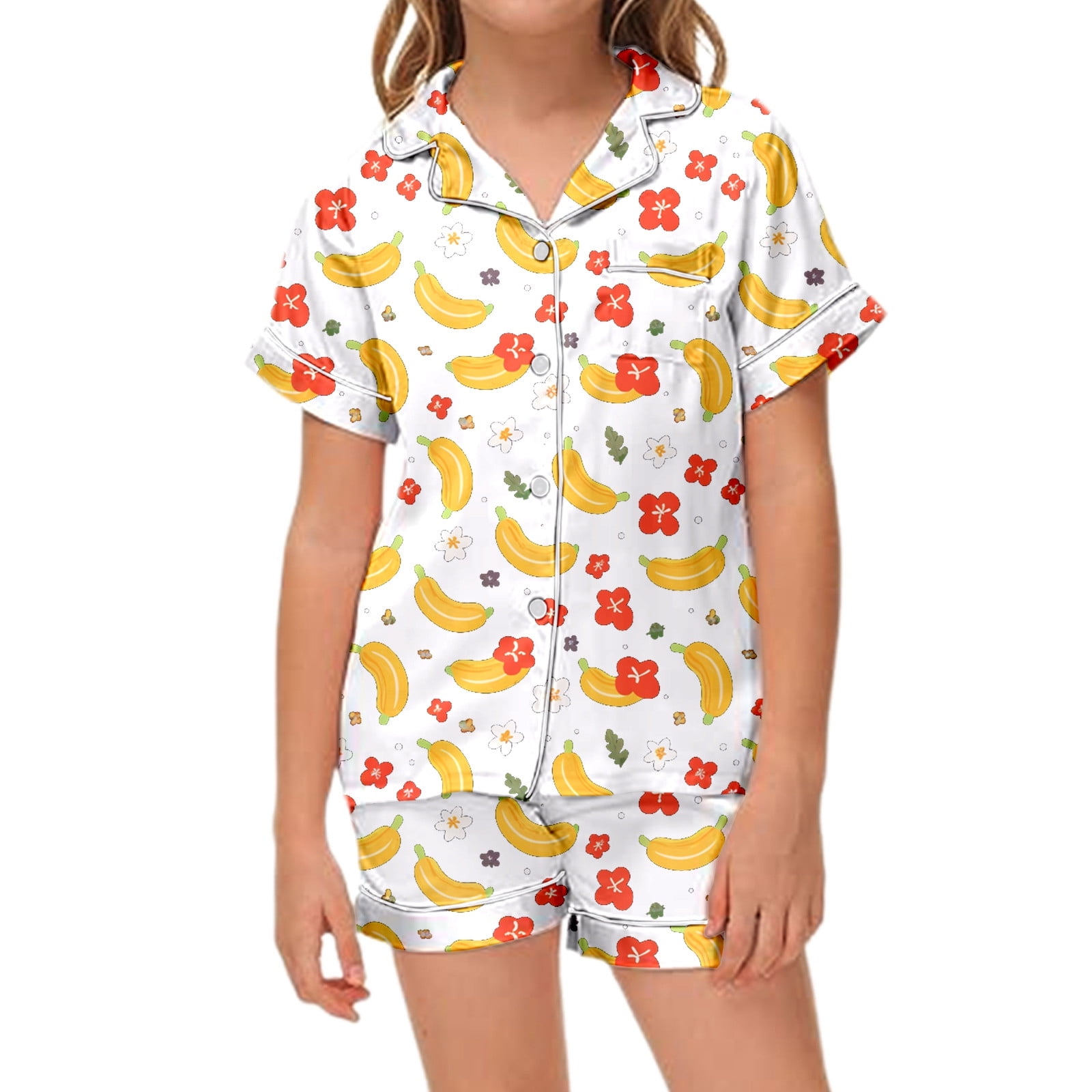Tween Girls Silk Pajamas Set Fruit Print 2 Piece Set Short Sleeve ...
