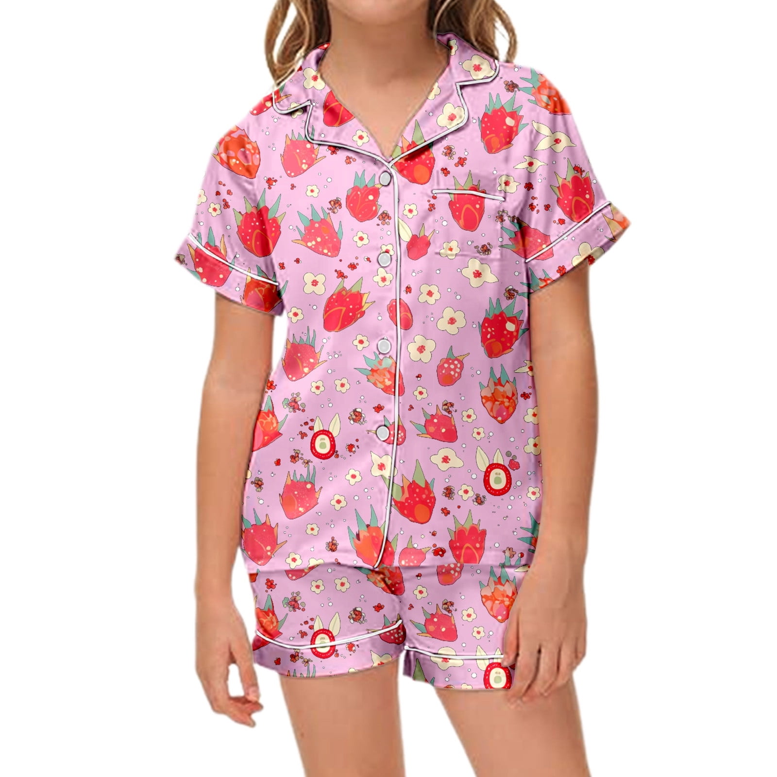 Tween Girls Silk Pajamas Set Fruit Print 2 Piece Set Short Sleeve ...