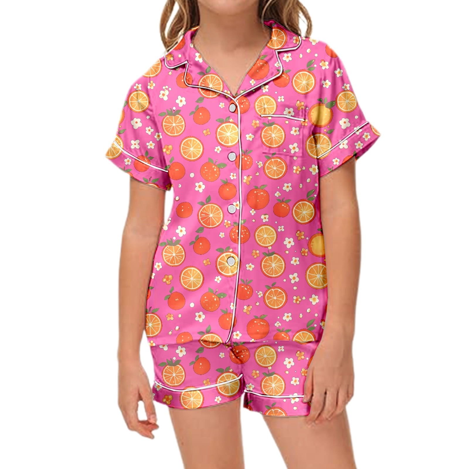 Tween Girls Silk Pajamas Set Fruit Print 2 Piece Short Sleeve Button ...