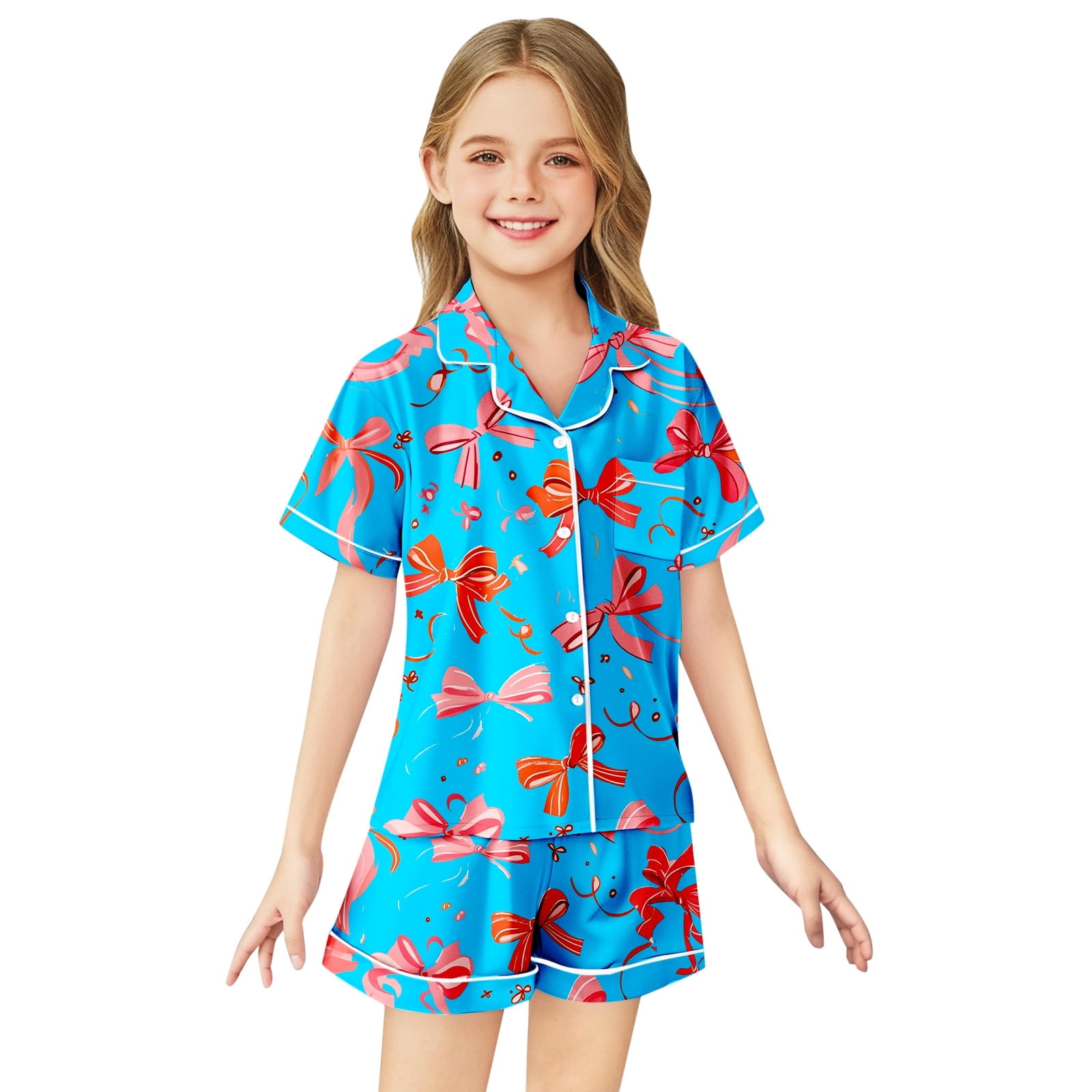 Tween Girls Silk Pjs Bow Tie Printed 2 Piece Short Sleeve Button-Down ...