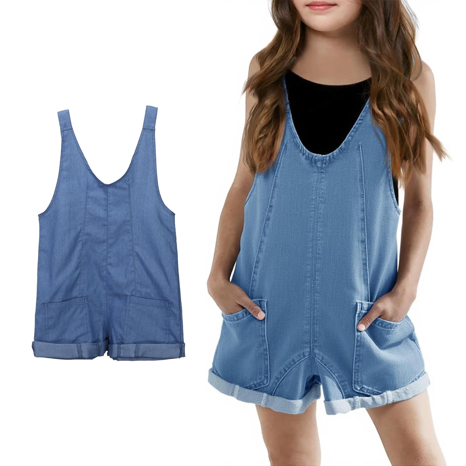 Tween Girls Sleeveless Jumpsuit Back to School Romper Blue Romper with ...