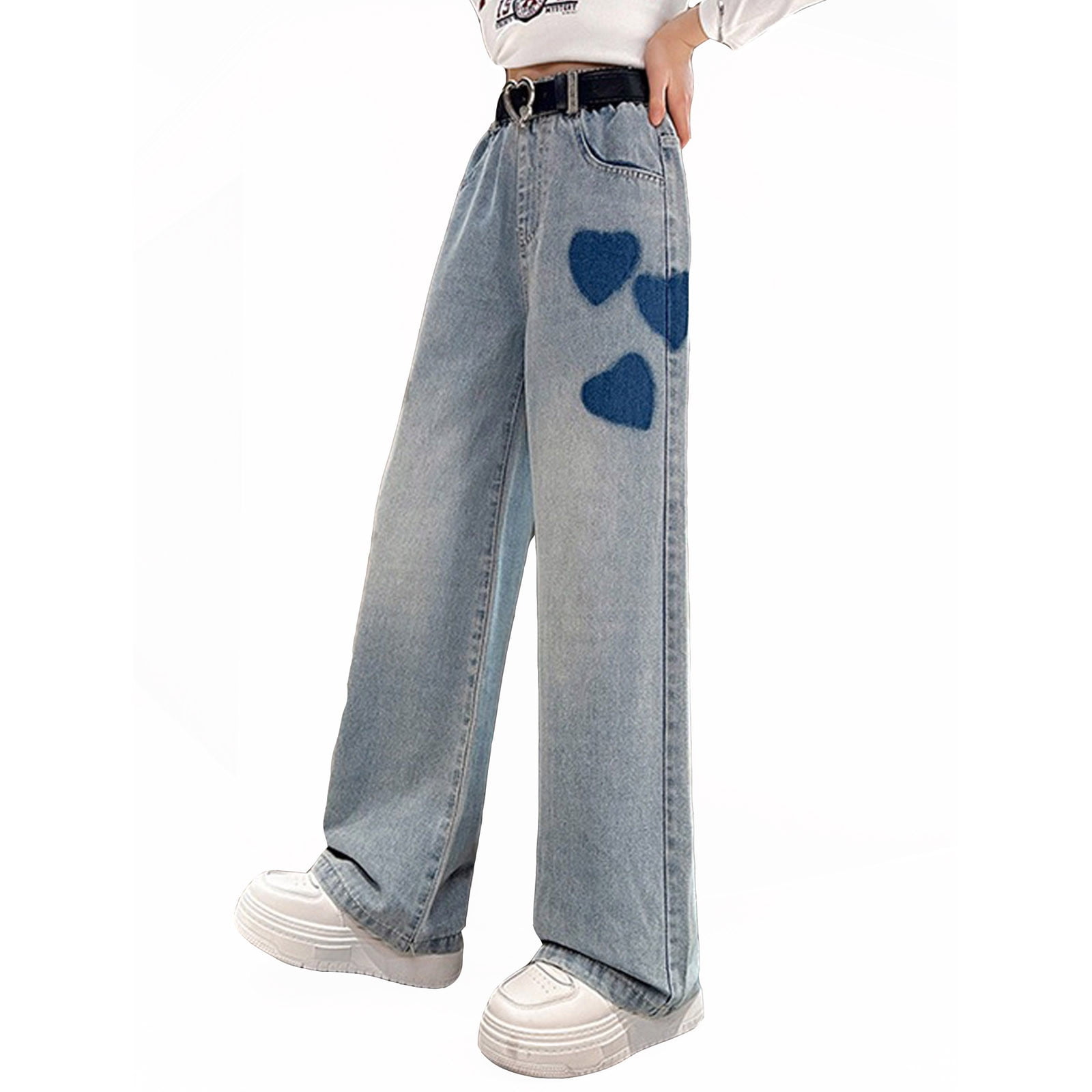 Tween Girls Wide Leg Jeans Heart Embroidery Denim Pants Loose Fit Baggy ...