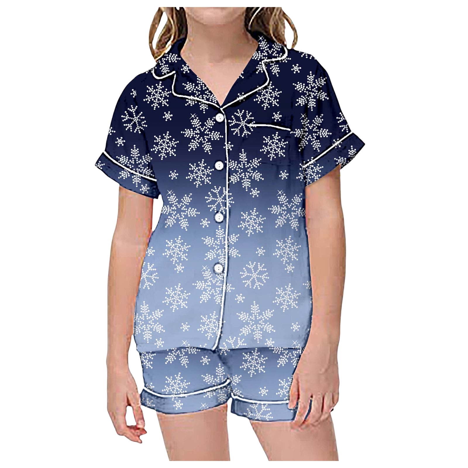 Tween Kids Christmas Pjs Set Blue Satin Pajama Set Short Sleeve 2 Piece ...