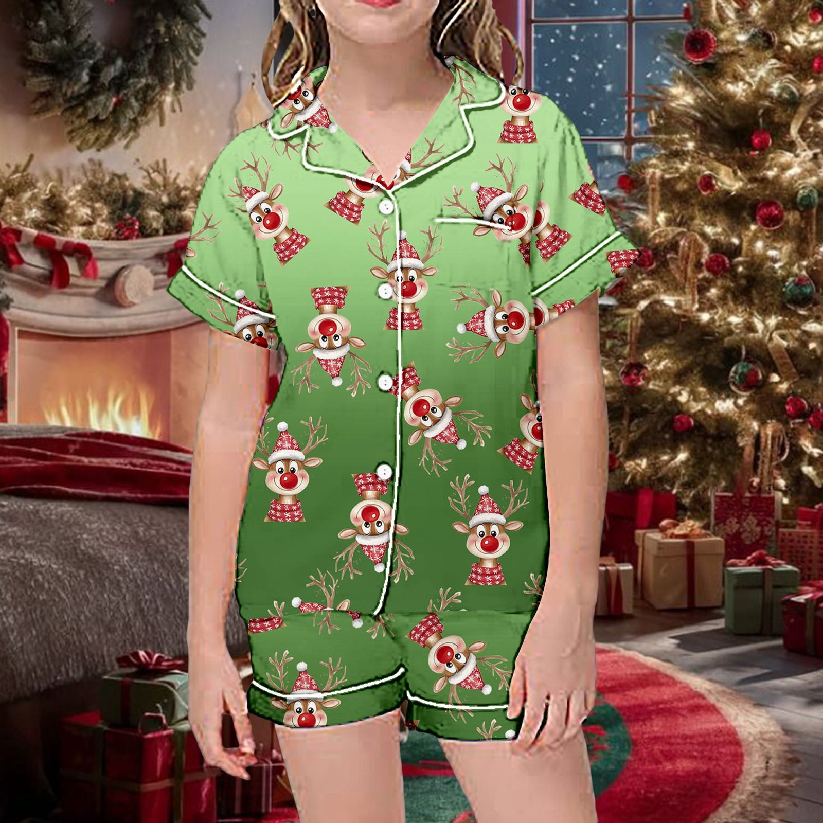 Tween Kids Pajamas Christmas Set Green Boys Silk Pajamas Set Short ...