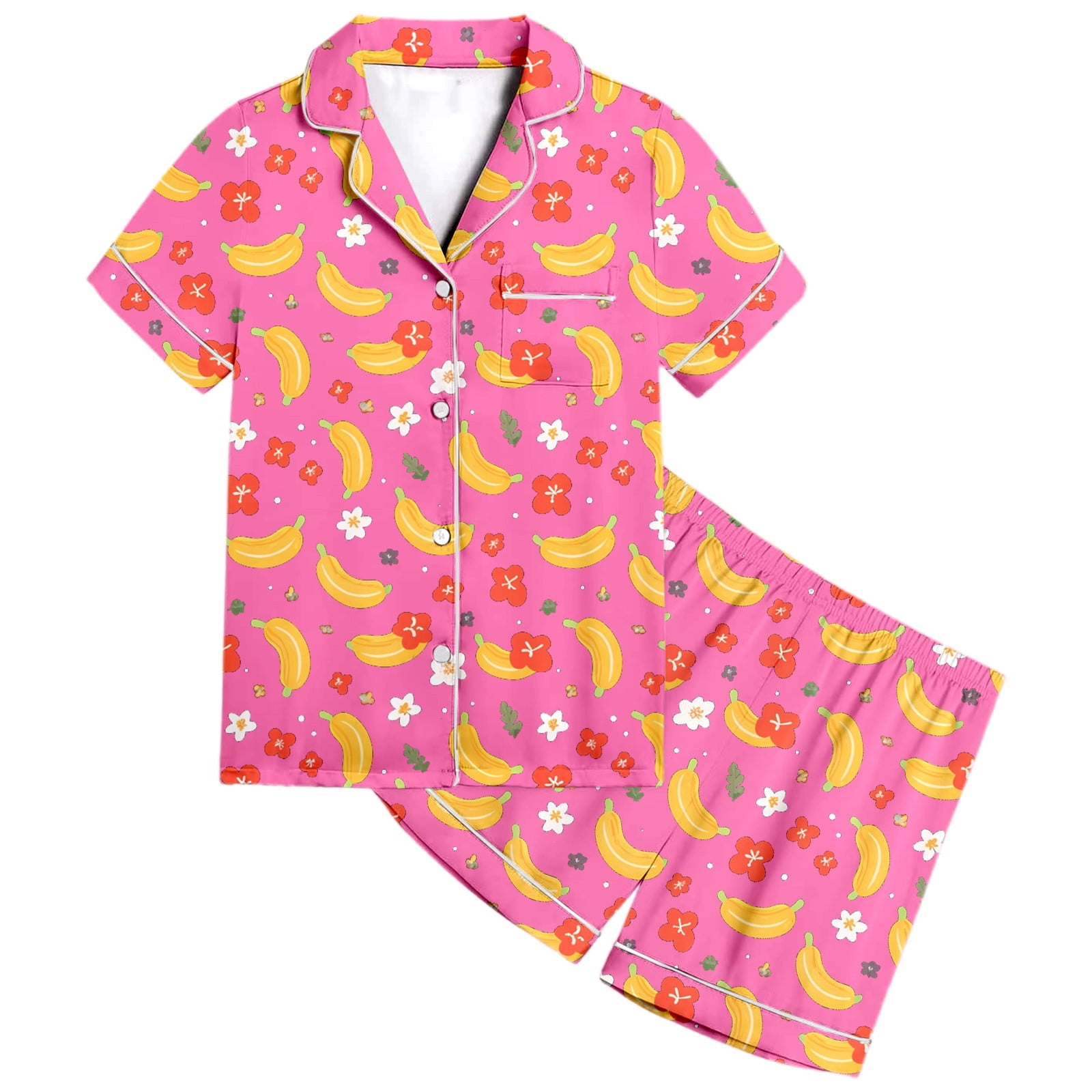 Tween Pajamas Set Silk Satin Fruit Print 2 Piece Short Sleeve Button ...