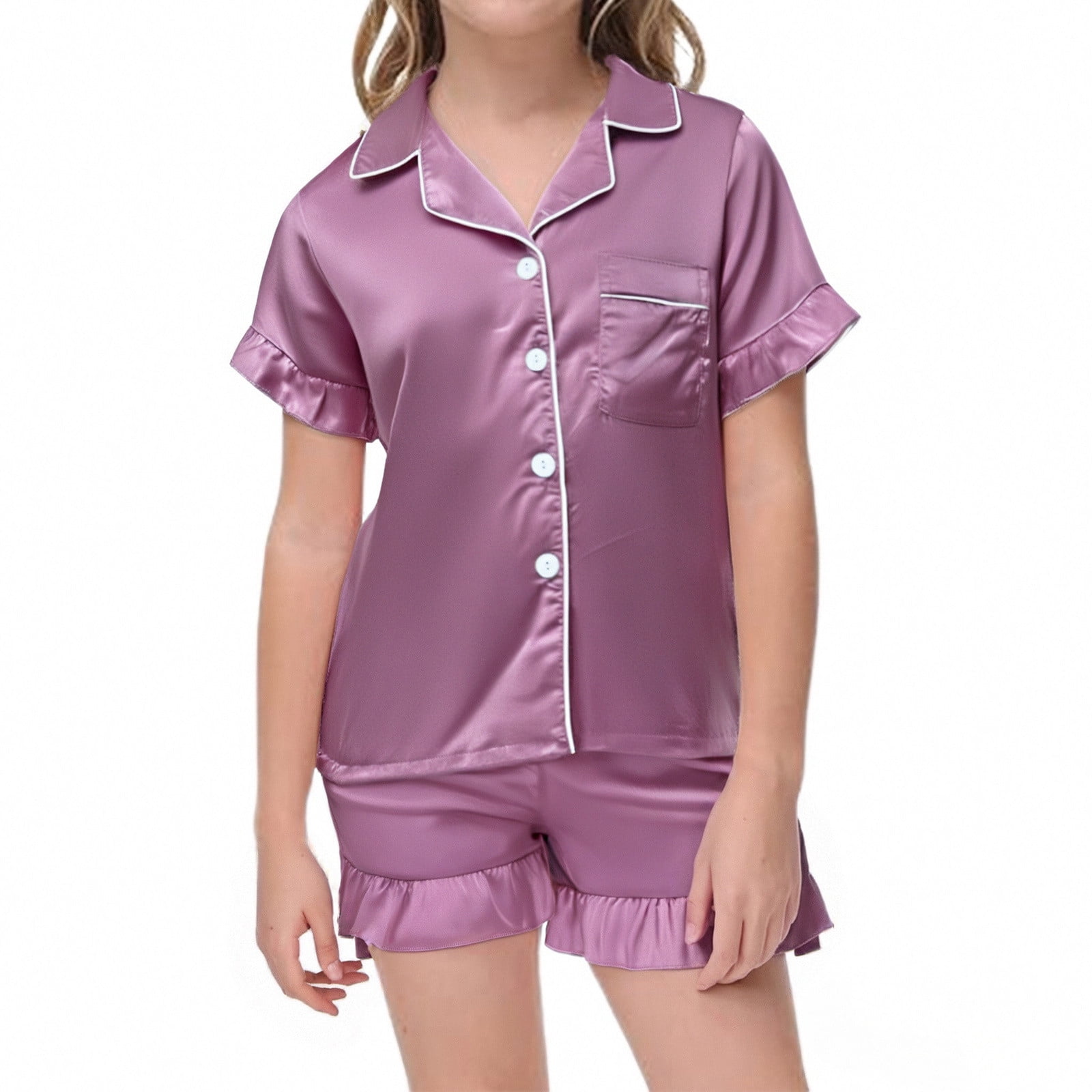 Tween Pajamas Set Silk Satin Plain Color 2 Piece Set Short Sleeve ...