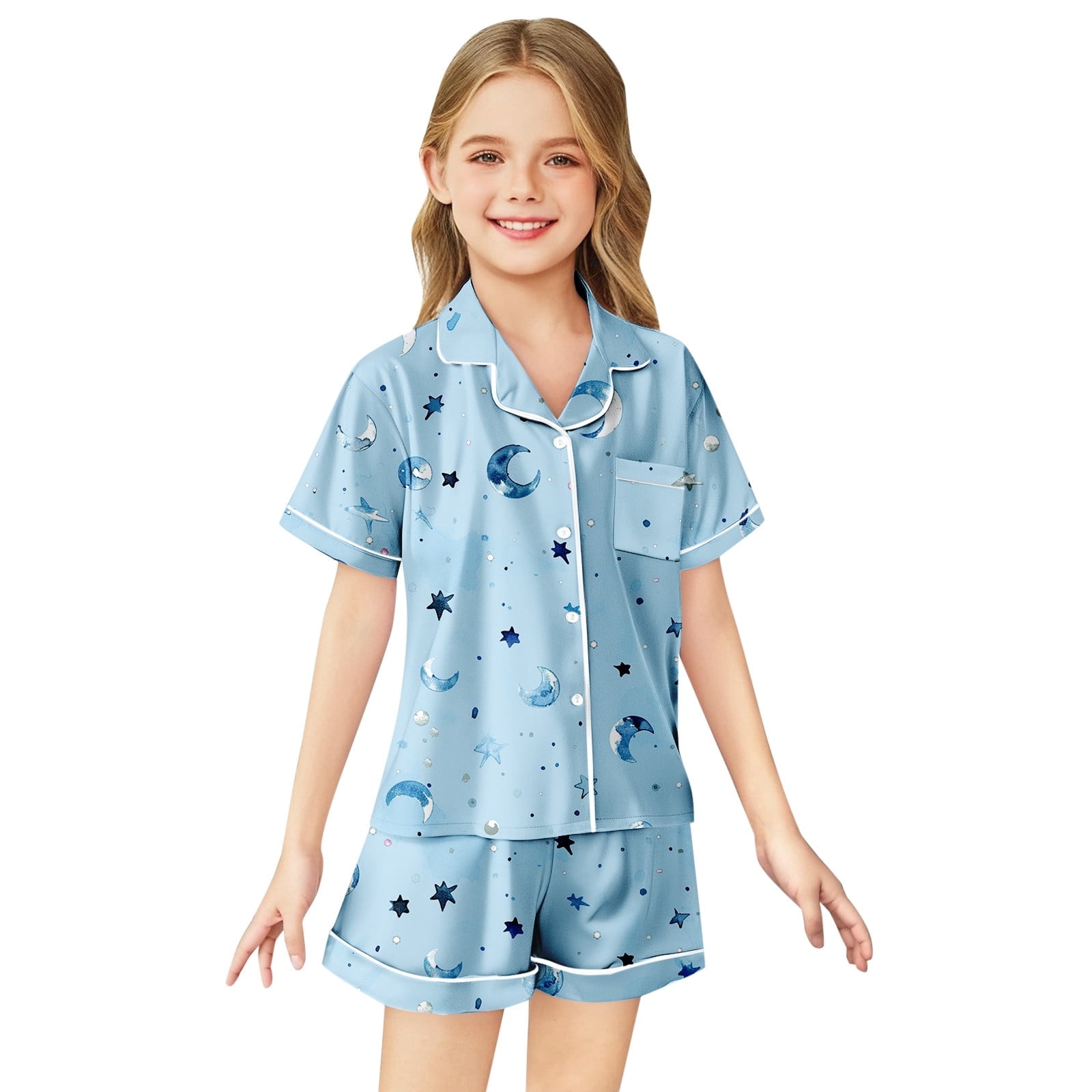 Tween Satin Pajama Set Cute Print 2 Piece Short Sleeve Button Down ...