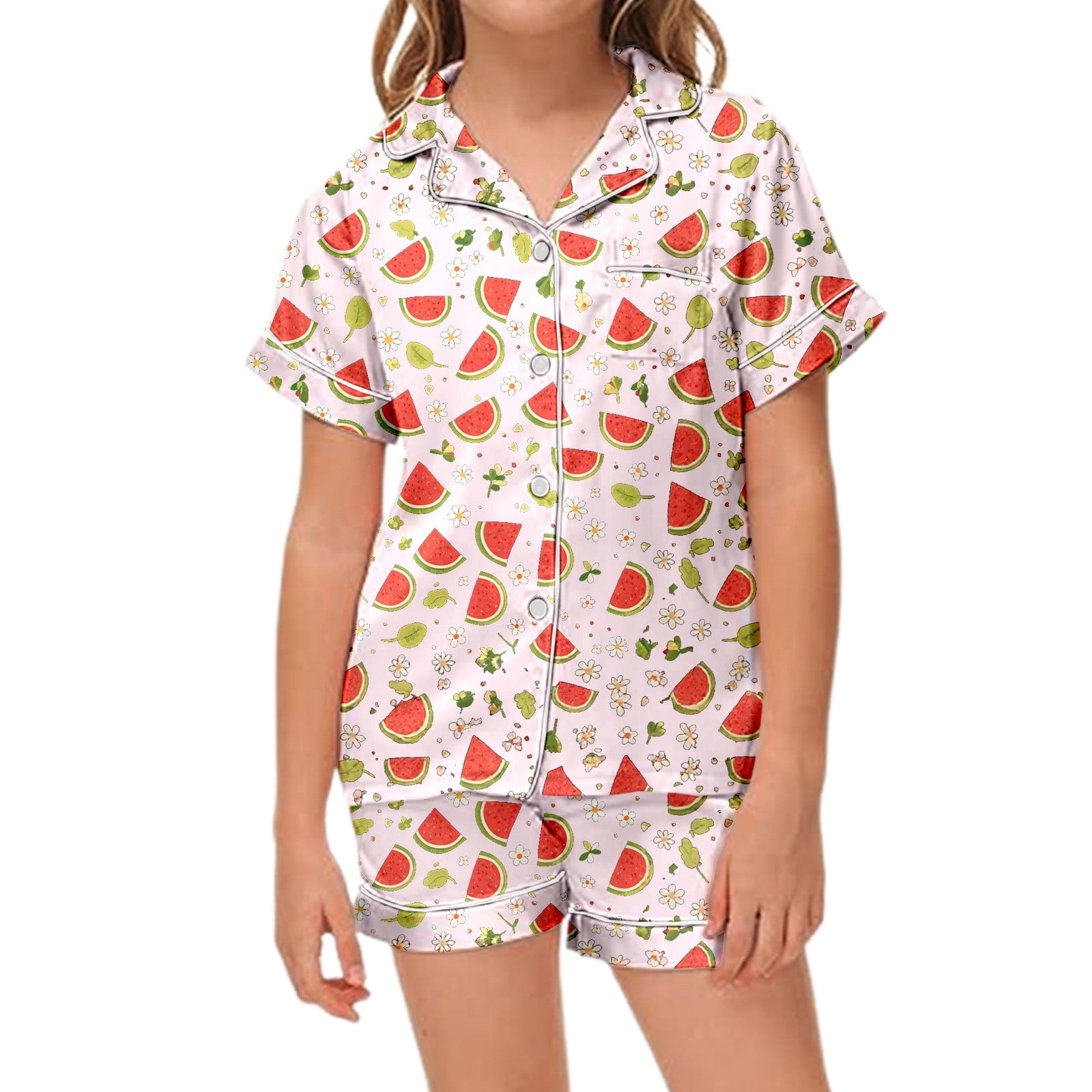 Tween Satin Pajama Set Fruit Print 2 Piece Short Sleeve Button Down ...