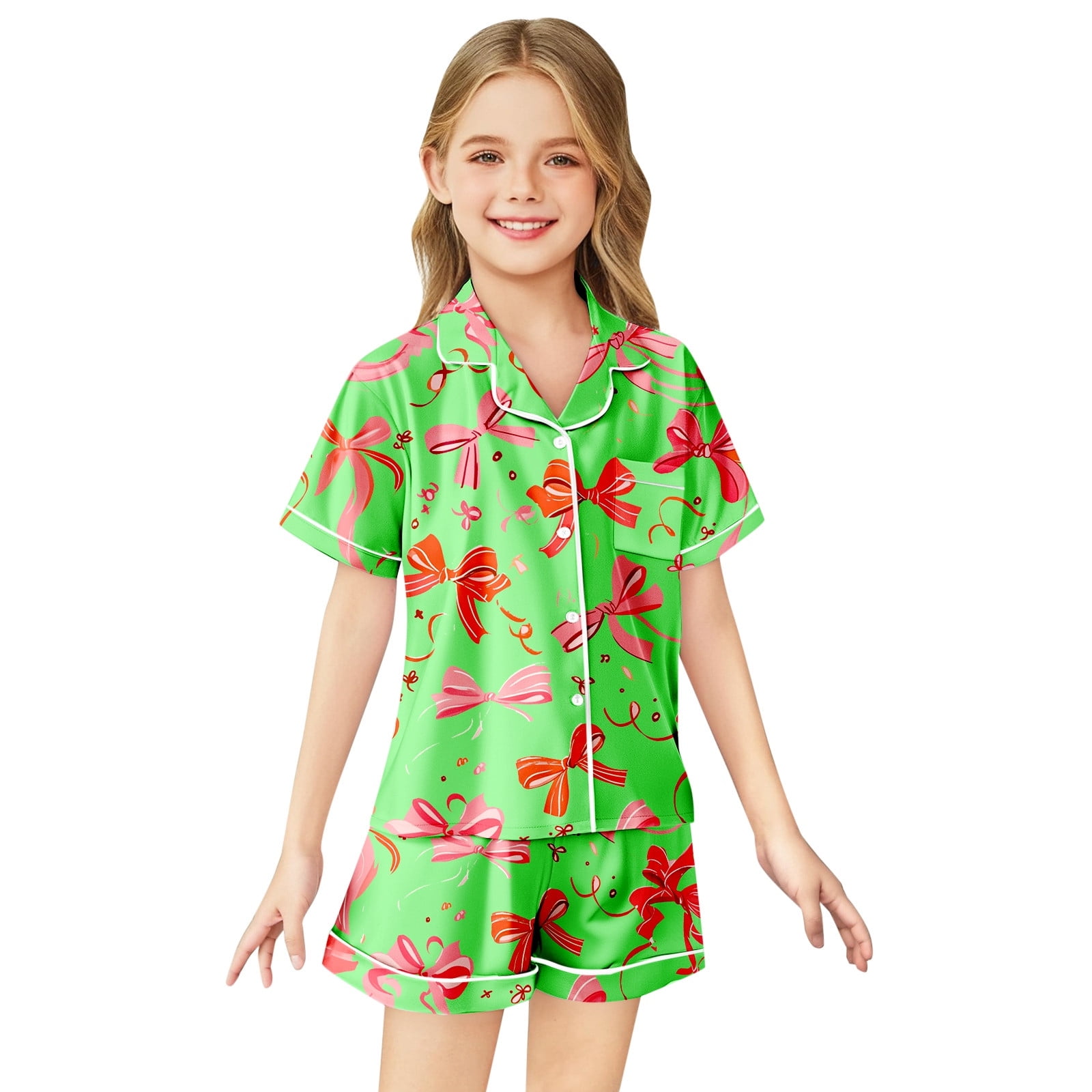 Tween Satin Pajamas for Girls Boys Bowknot Printed 2 Piece Set Short ...