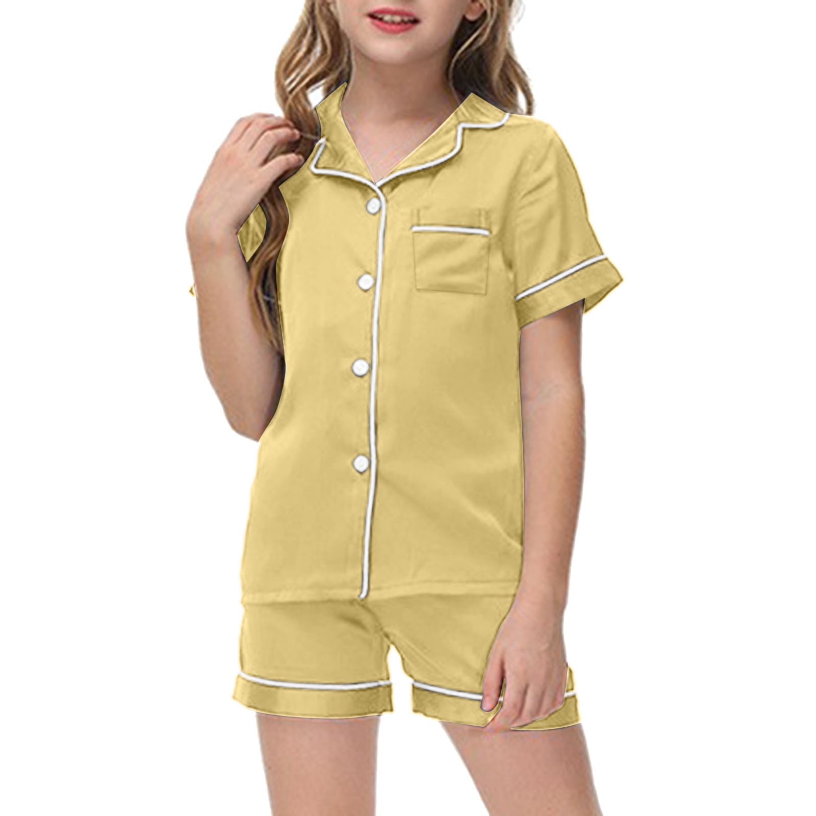 Tween Satin Pajamas for Girls Button Down Tops with Shorts Silk Pajamas ...