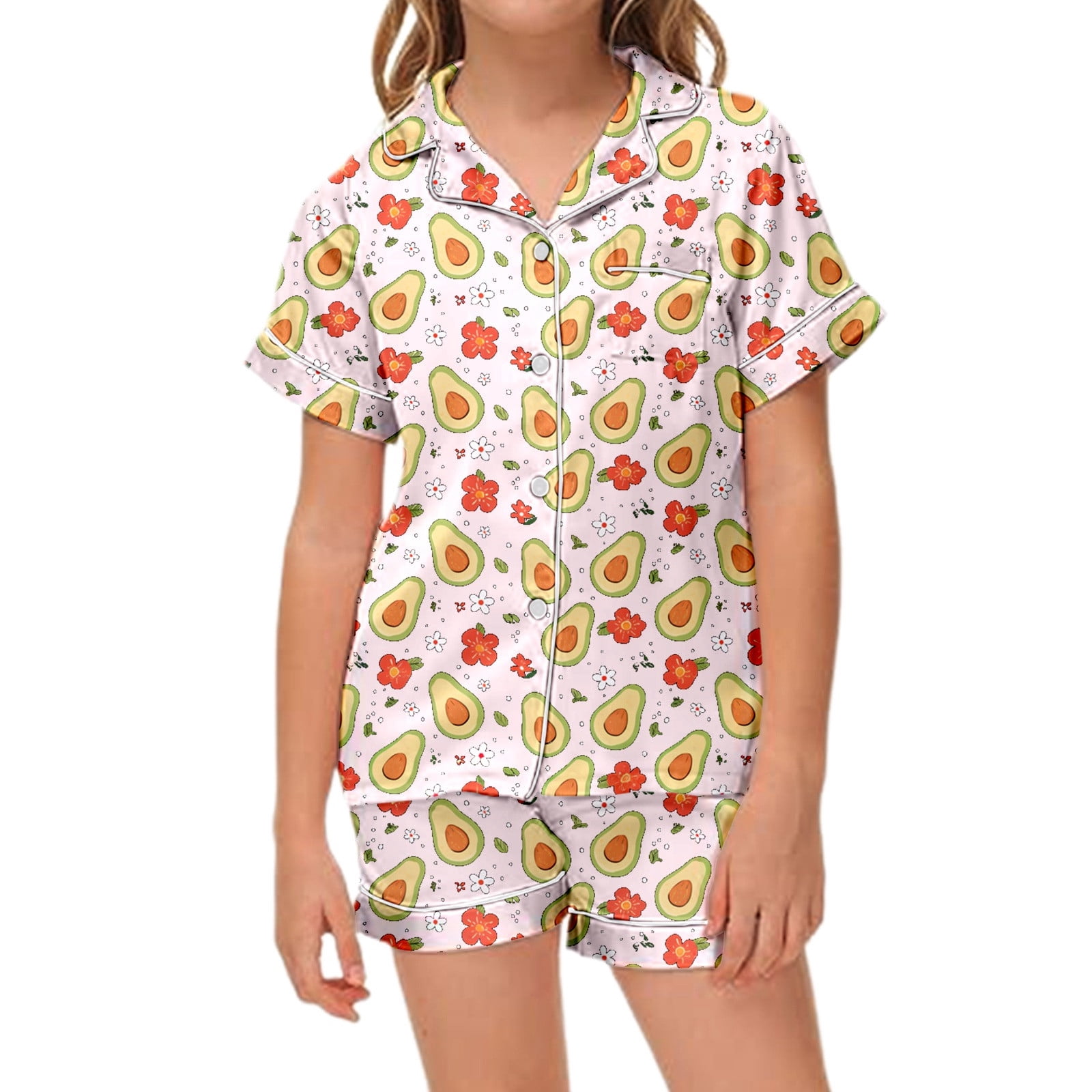 Tween Satin Pjs Fruit Print 2 Piece Short Sleeve Button Down Nightwear ...