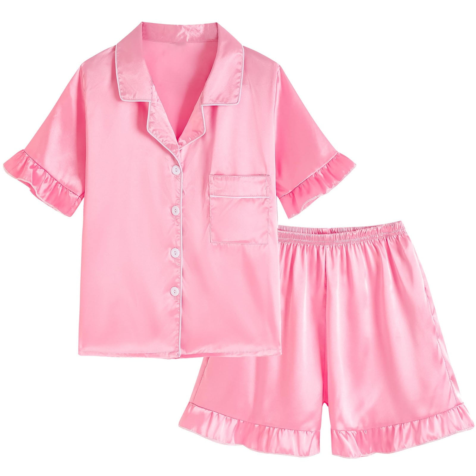 Tween Satin Pjs Solid 2 Piece Short Sleeve Button-Down Shirts Shorts ...