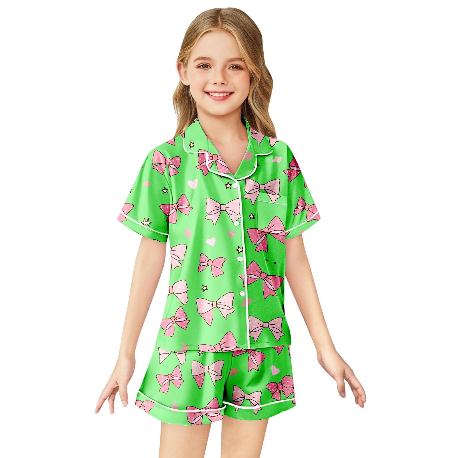 Tween Silk Pajama Set Bow Tie Printed 2 Piece Set Short Sleeve Button ...