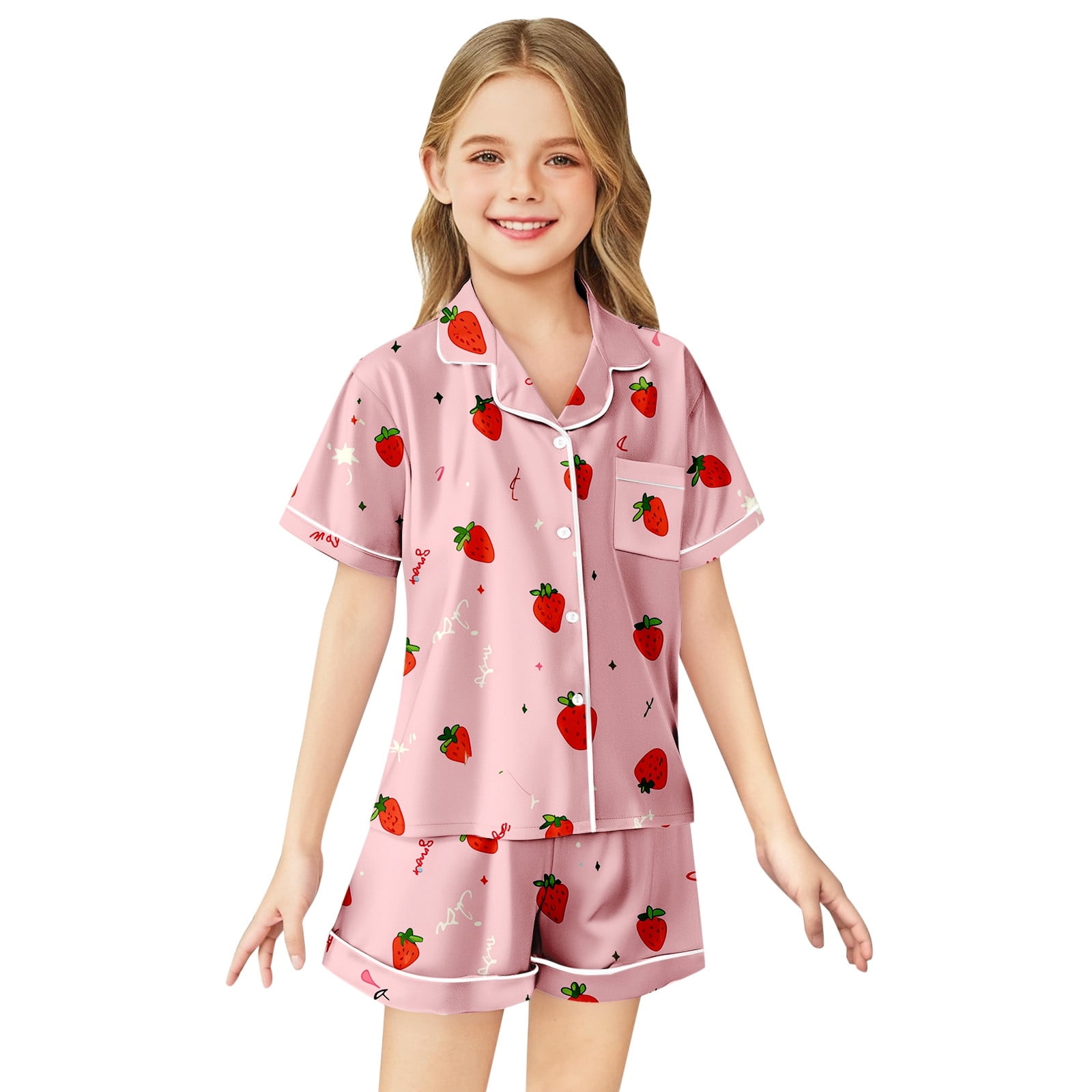Tween Silk Pajama Set Cute Print 2 Piece Short Sleeve Button-Down ...