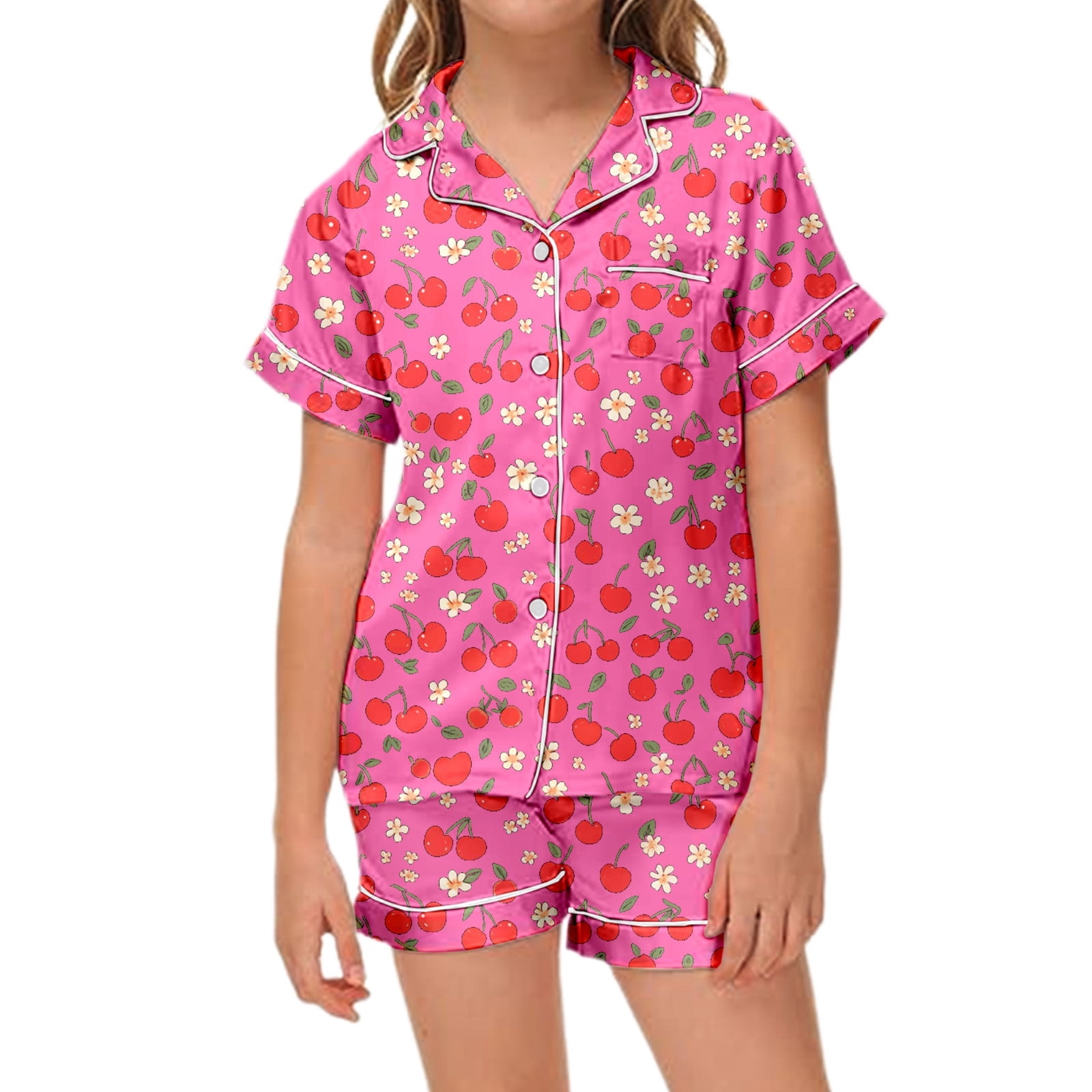 Tween Silk Pajama Set Fruit Print 2 Piece Short Sleeve Button Down ...
