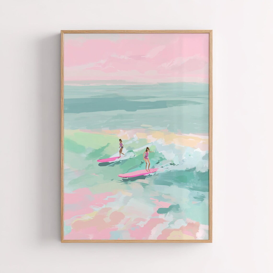 Tween Surfer Girl Poster: Pink Pastel Beach Art, Unframed Canvas Size ...