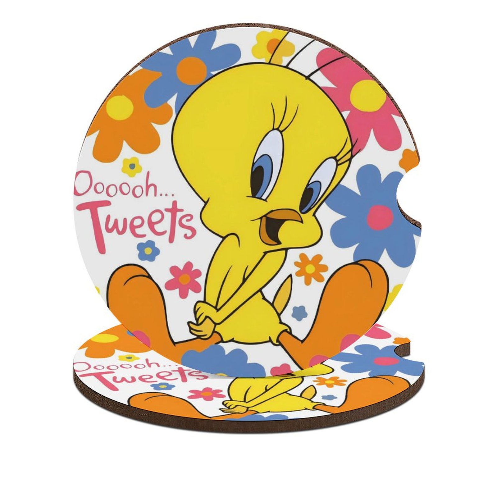 Tweety Bird Cartoon car coaster with finger notches and cork base car ...