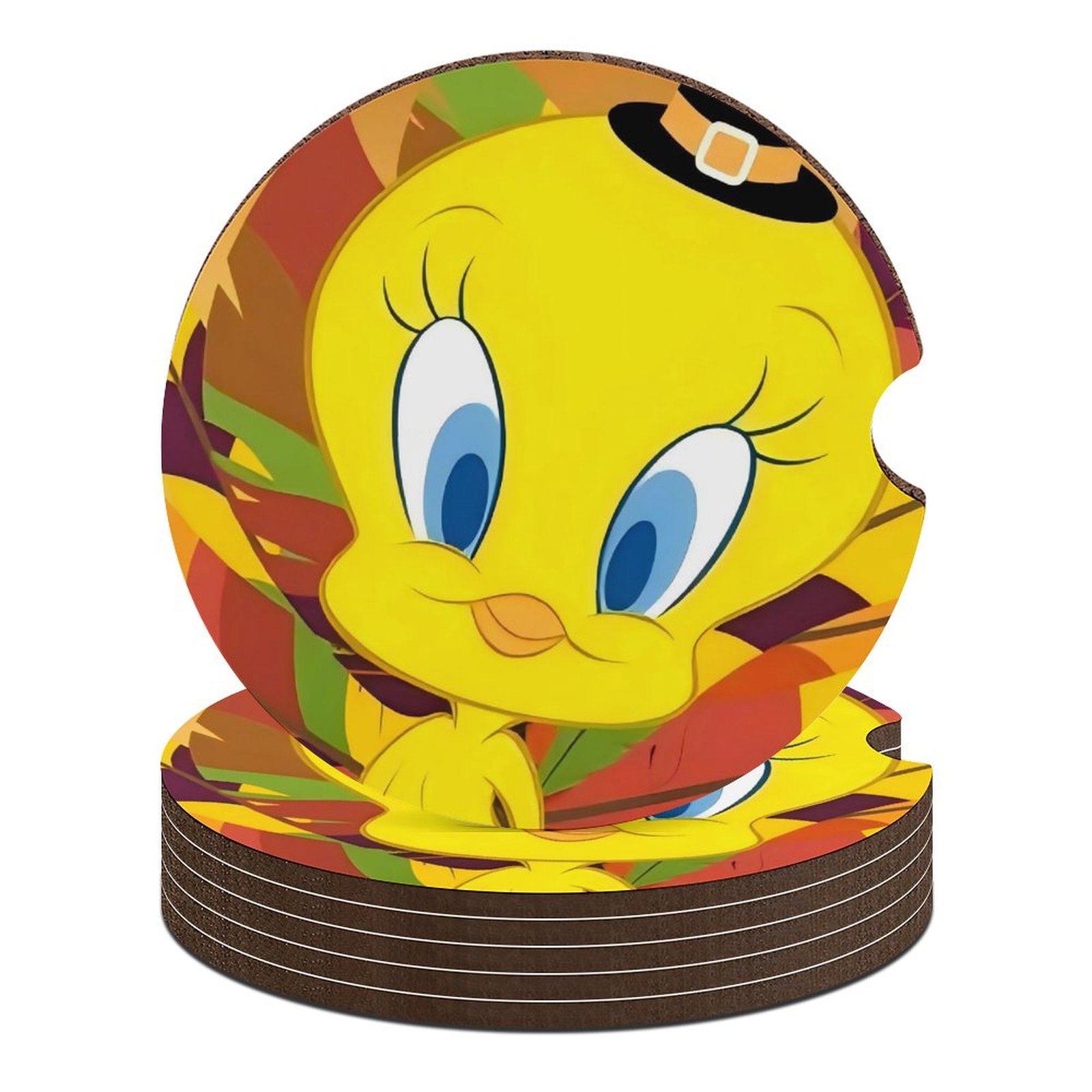 Tweety Bird Cartoon car coaster with finger notches and cork base car ...