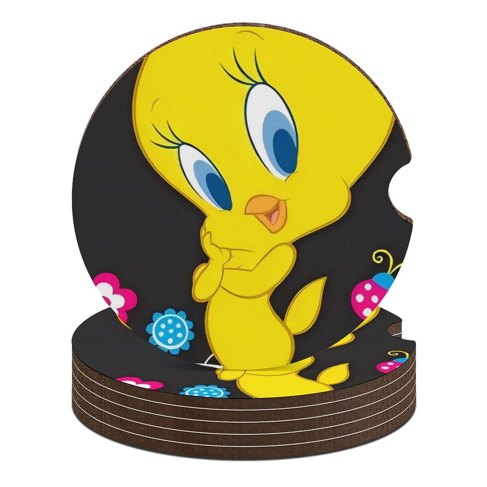 Tweety Bird Cartoon car coaster with finger notches and cork base car ...
