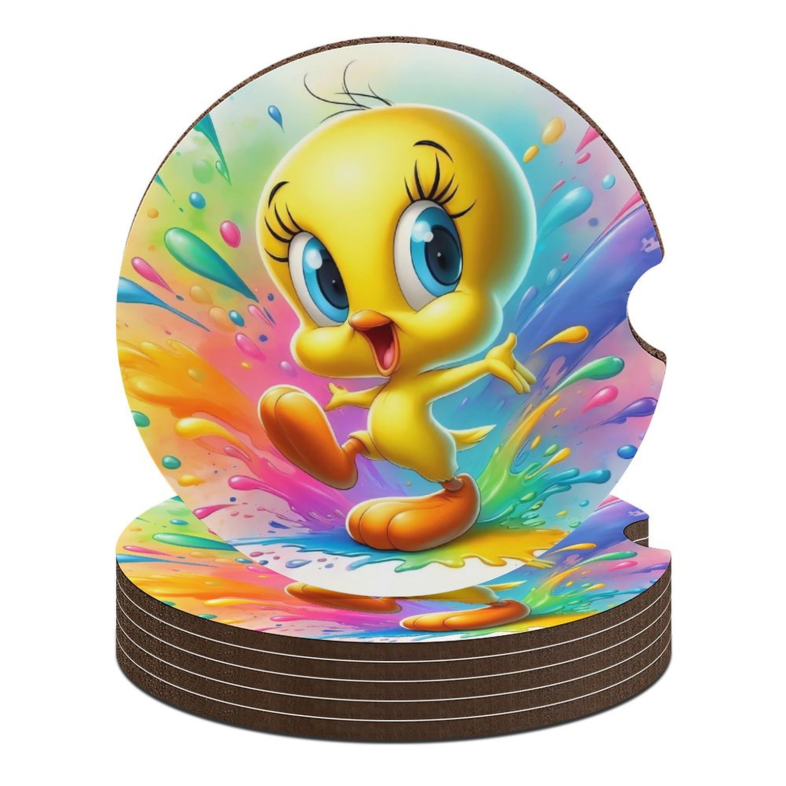 Tweety Bird Cartoon car coaster with finger notches and cork base car ...