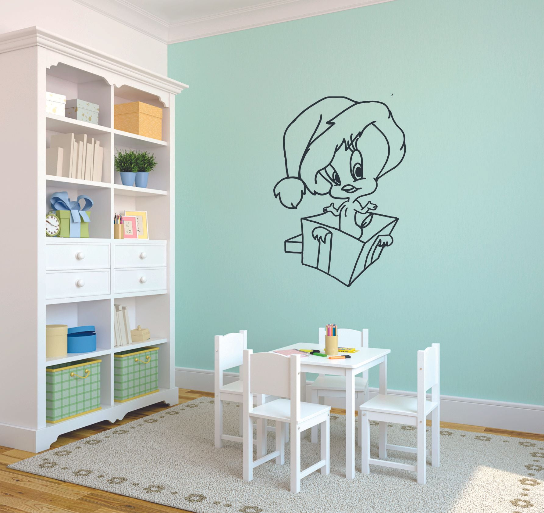 Tweety Bird Christmas Gift Holiday Santa Hat Cartoon Wall Sticker Art ...
