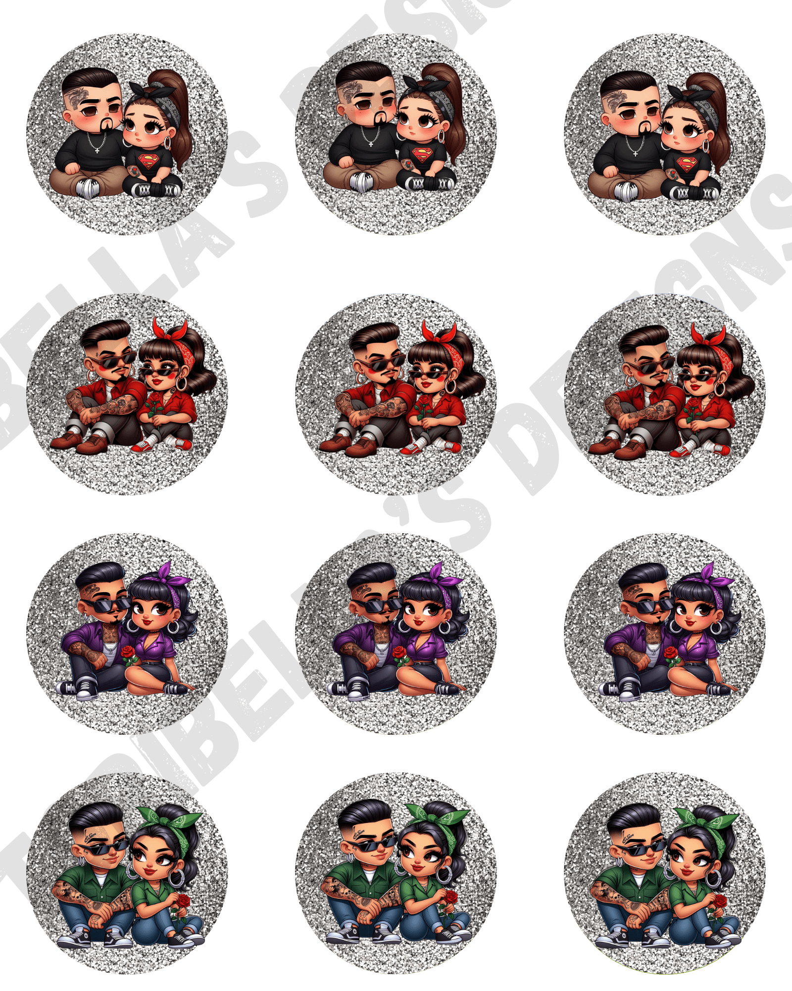 Twelve 2" Cute Cholo Homie Chicano Couples Edible Wafer Precut Cupcake ...