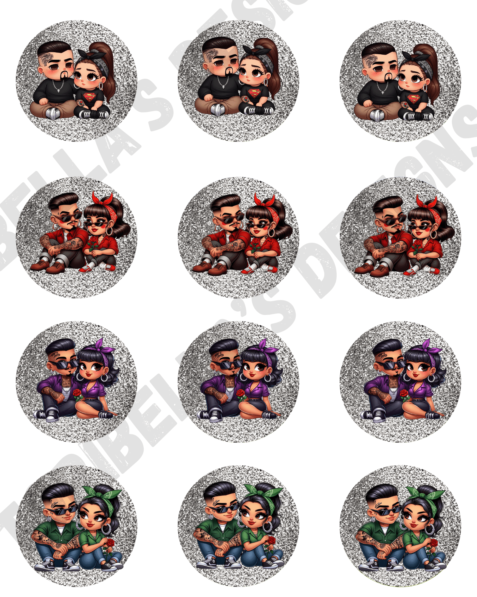 Twelve 2" Cute Cholo Homie Chicano Couples Edible Wafer Precut Cupcake ...