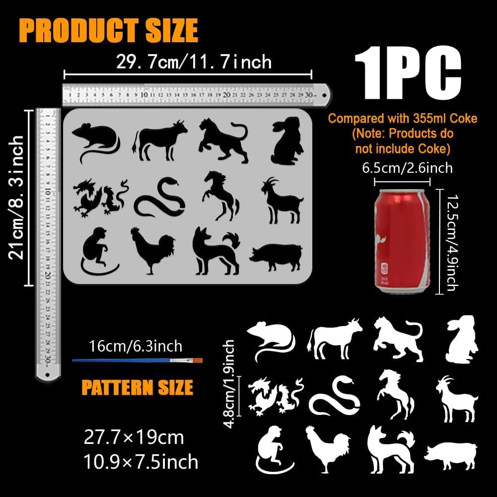 Twelve Chinese Zodiac Signs Stencil with Brush 11.7x8.3Inch Reusable ...