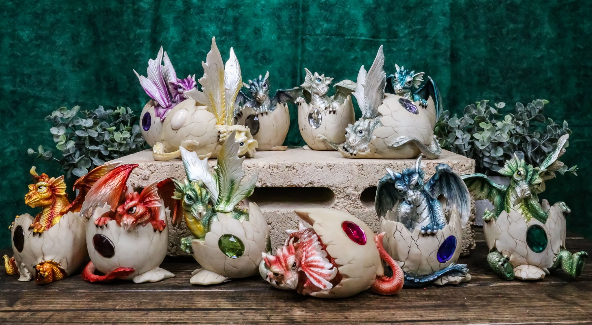 Twelve Month Birthstone Dragon Egg Statue Set Colored Gem Stone ...