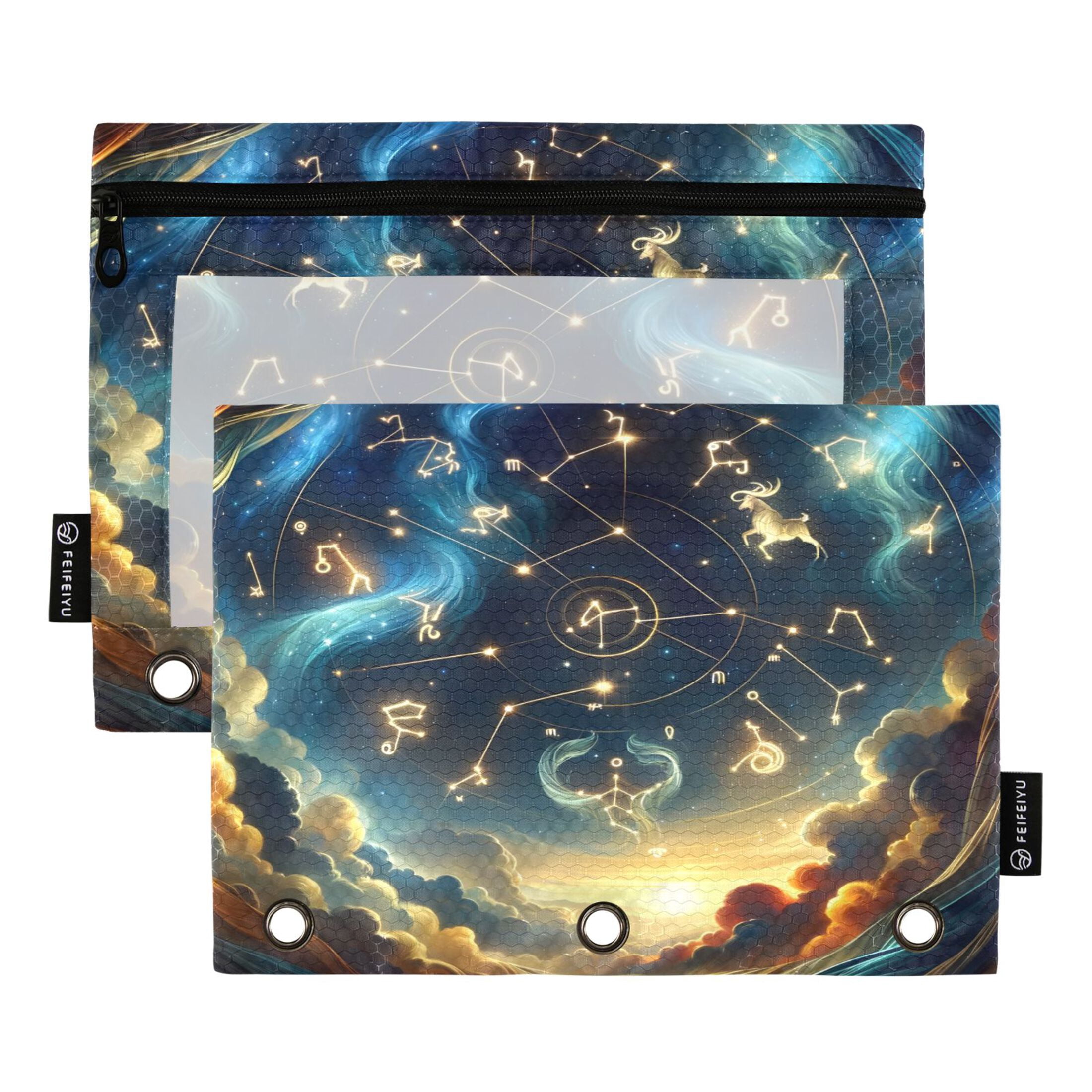 Twelve Zodiac Stars in Night Sky 2 Pack Pencil Pouch for 3 Ring Binder ...