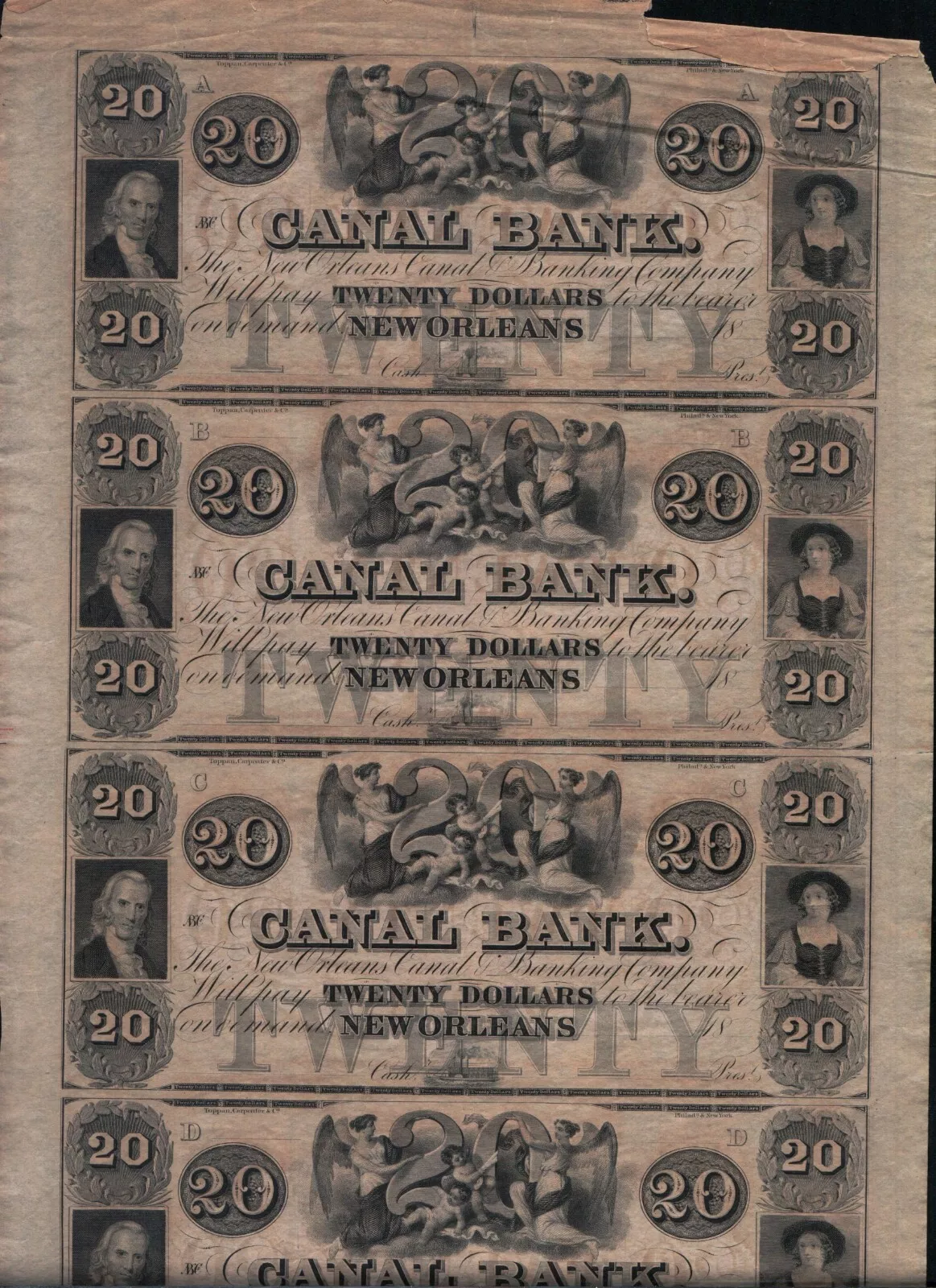 Twenty Dollar Sheet of Four Uncut Canal Bank Currency Notes New Orleans ...