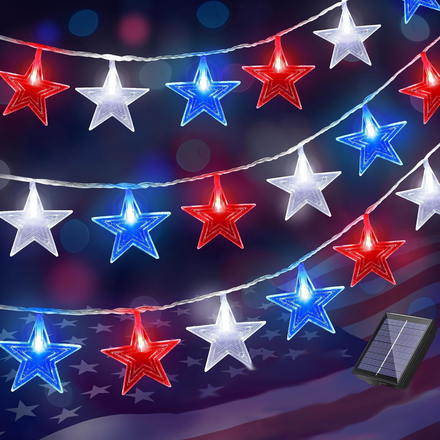 Twfbrm Patriotic Solar Star String Lights, 21.3 Ft 30 LED Red White and ...