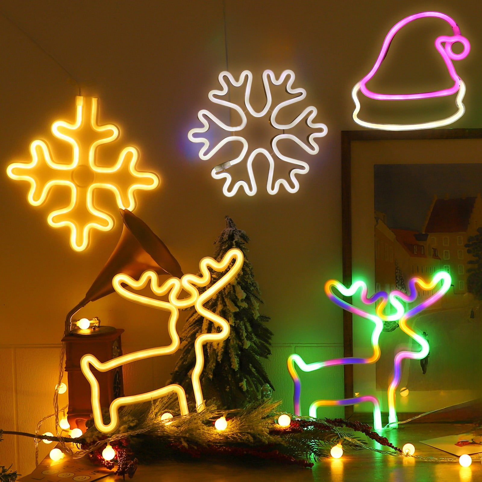 Twfbrm Christmas Neon Sign for Wall Decor Snowflake Reindeer Santa Hats ...