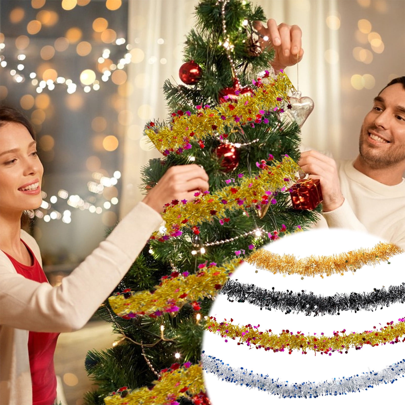 Twfbrm Christmas Tinsel Garland 6.56FT Thin Glitter Tinsel Metallic ...