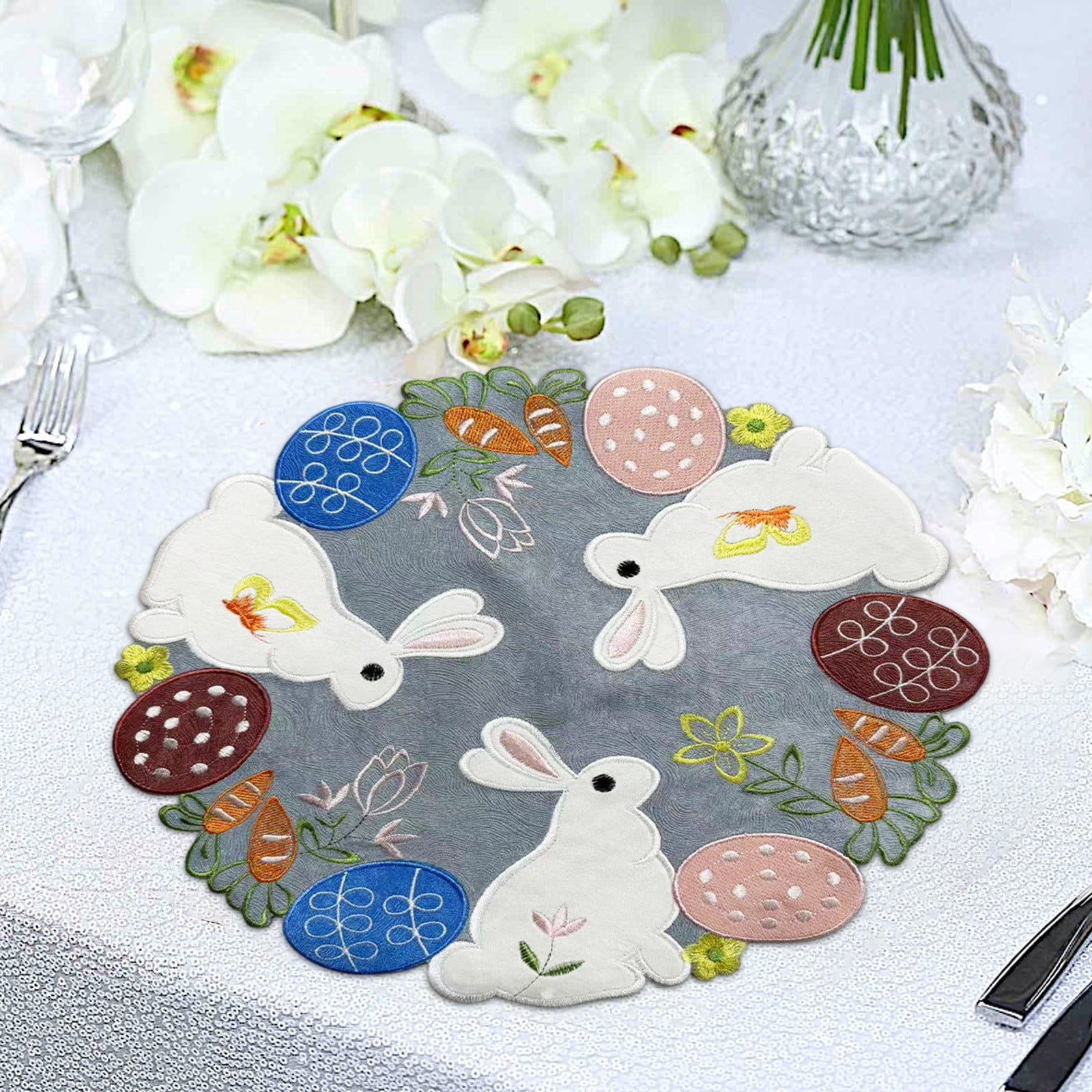 Twfbrm Easter Bunny Placemats, 14" Cutwork Embroidered Floral Rabbit ...