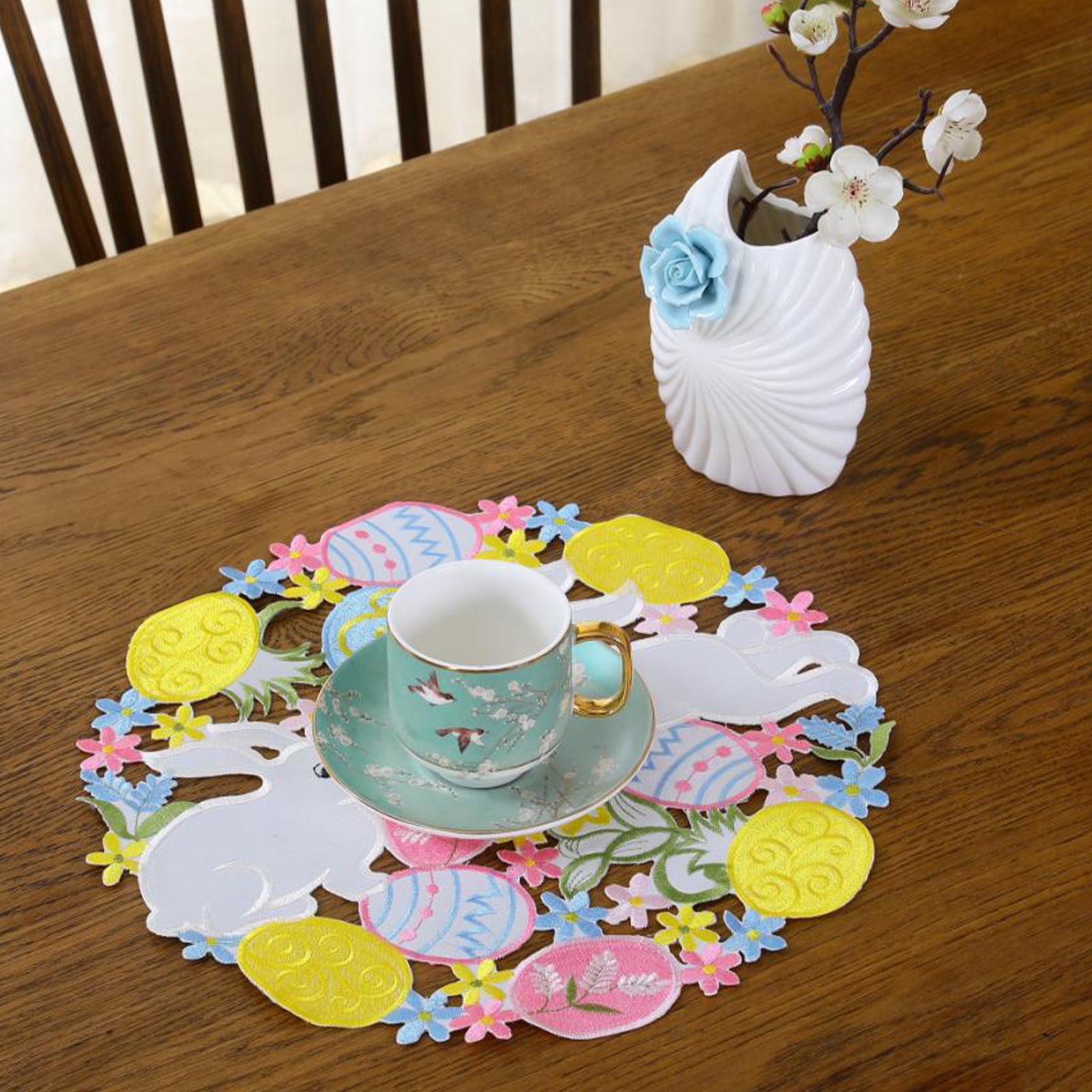 Twfbrm Easter Bunny Placemats, 14 inch Cutwork Embroidered Floral ...