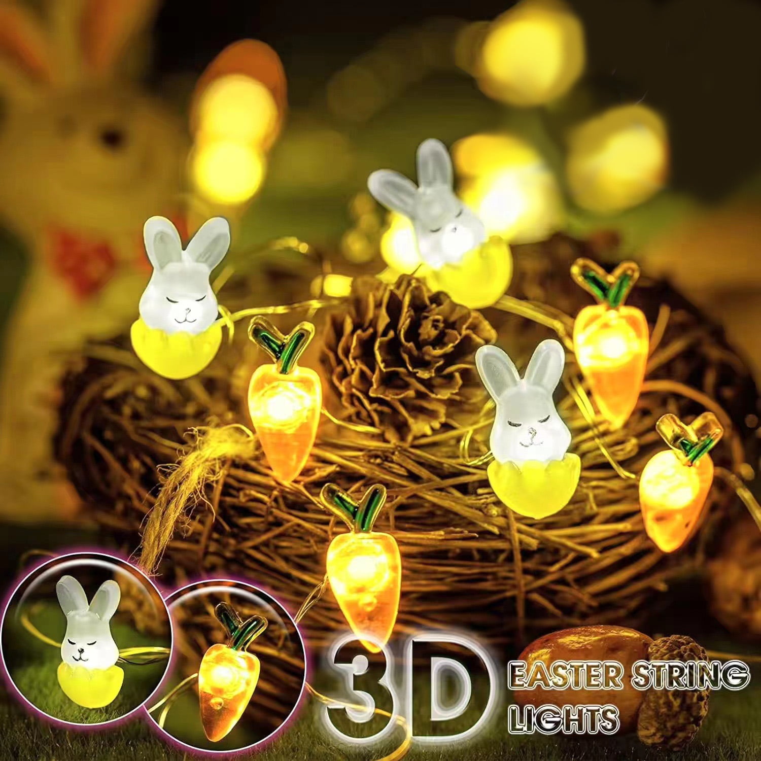 Twfbrm Easter Bunny String Lights, Easter Decorations 9.8FT 30 LED Carrot and Bunny Shaped ...