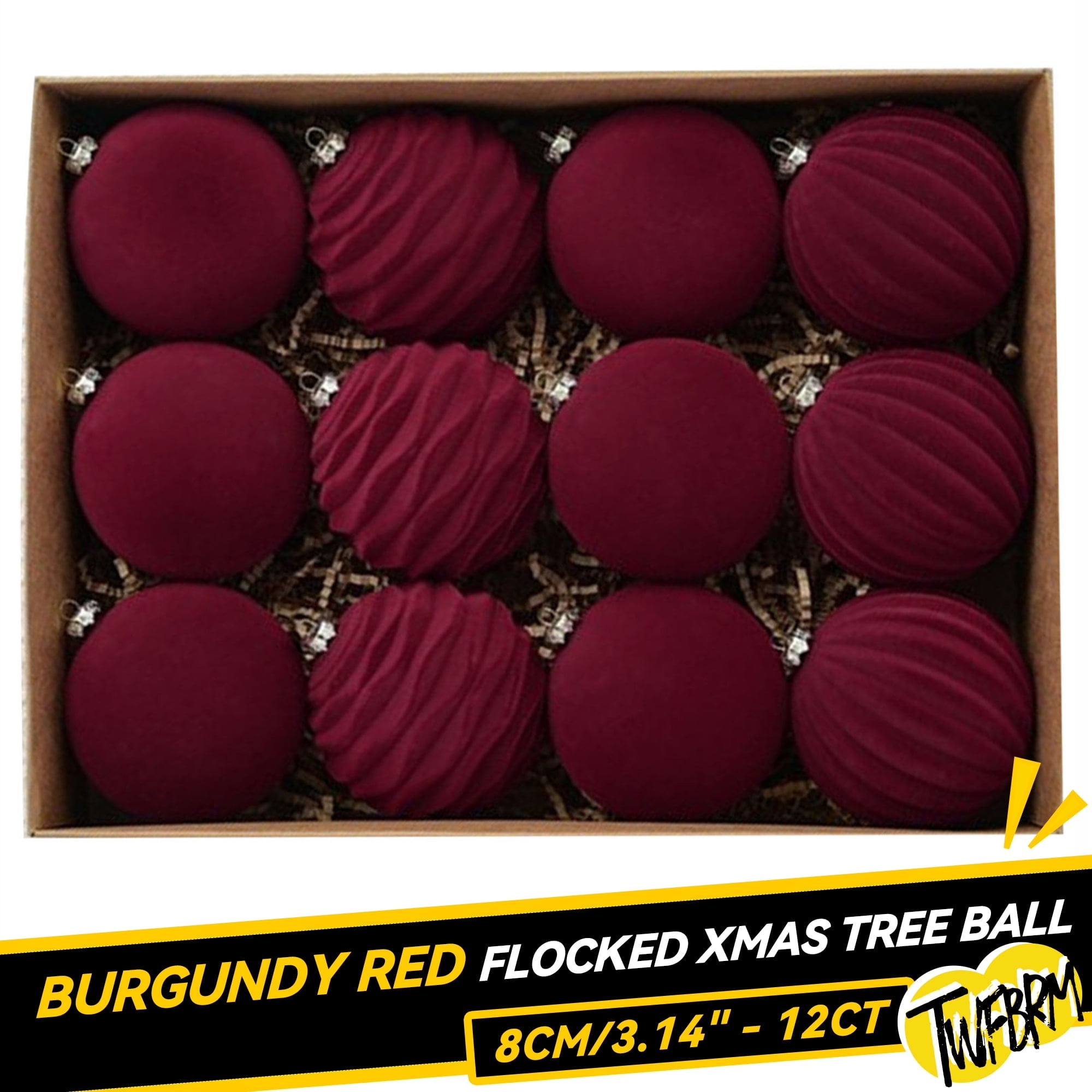 Twfbrm Velvet Christmas Balls 12ct Burgundy Red Flocked Christmas Tree ...