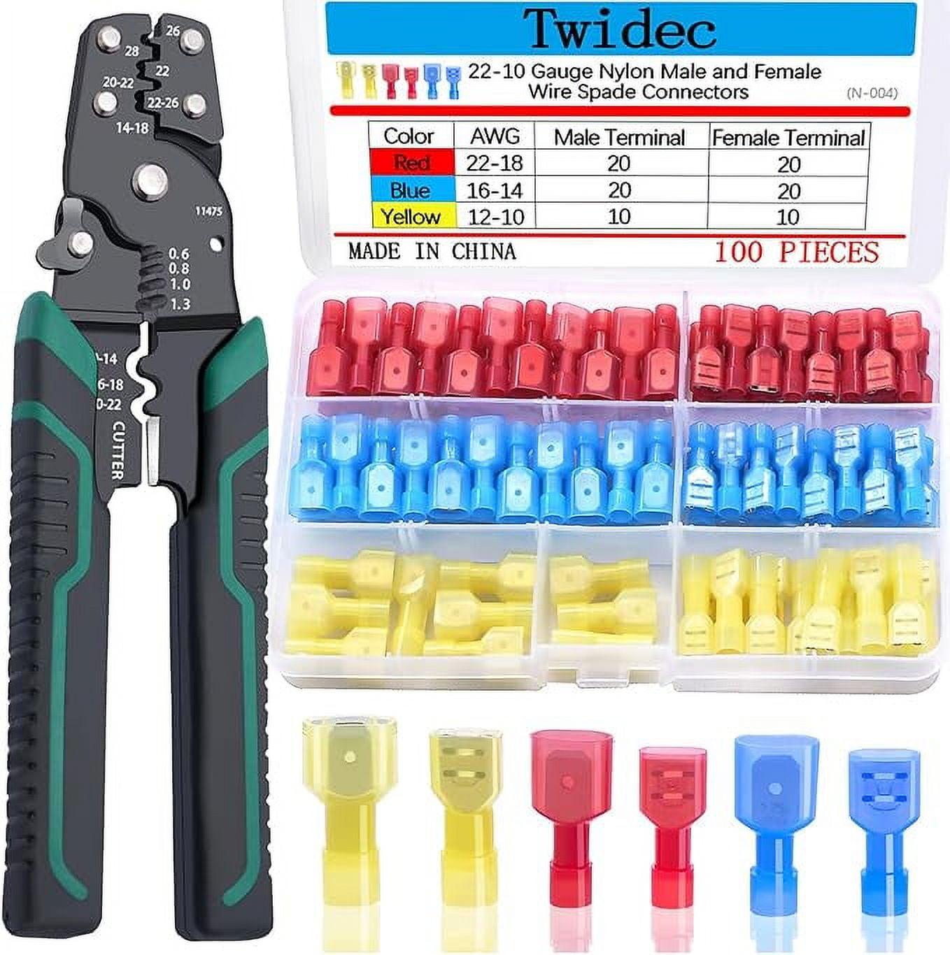 Twidec/100PCS Nylon Spade Connectors Kit 22-10 Gauge Quick Disconnect ...