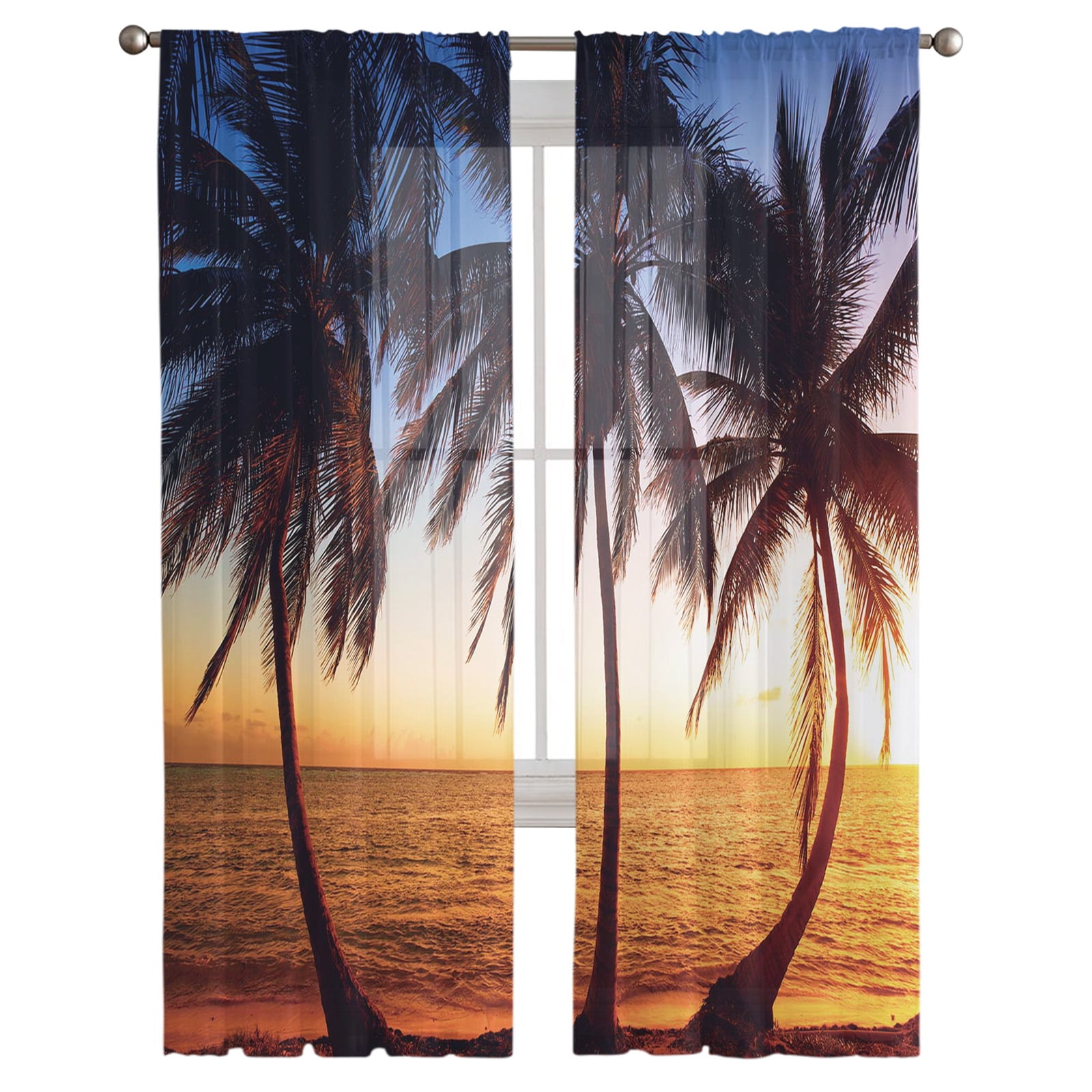 Twilight Beach Coconut Tree Sea Sheer Curtain for Living Room Bedroom ...