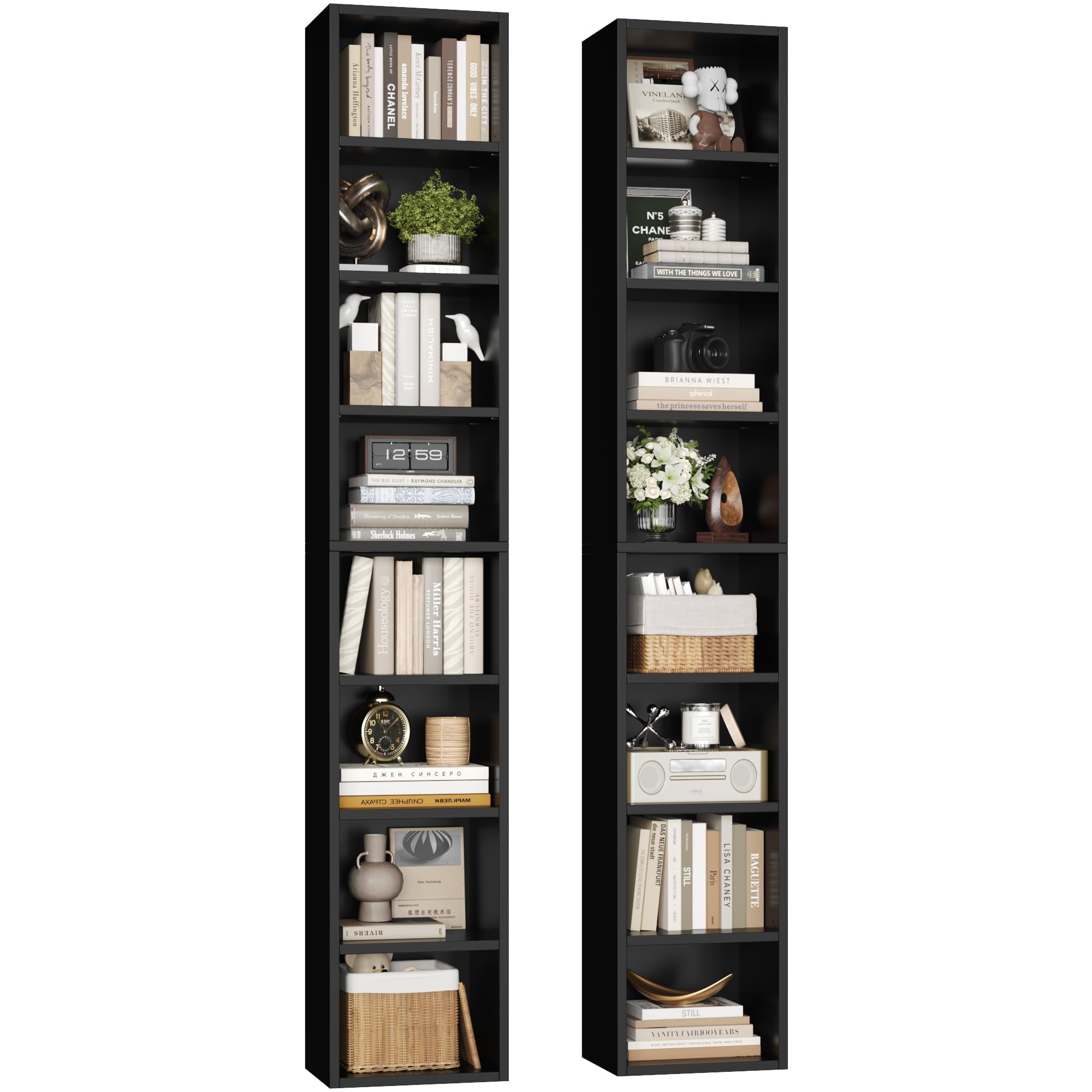 Twin 71 Inch Tall Narrow Bookshelf, 8 Tier Adjustable Media Storage ...