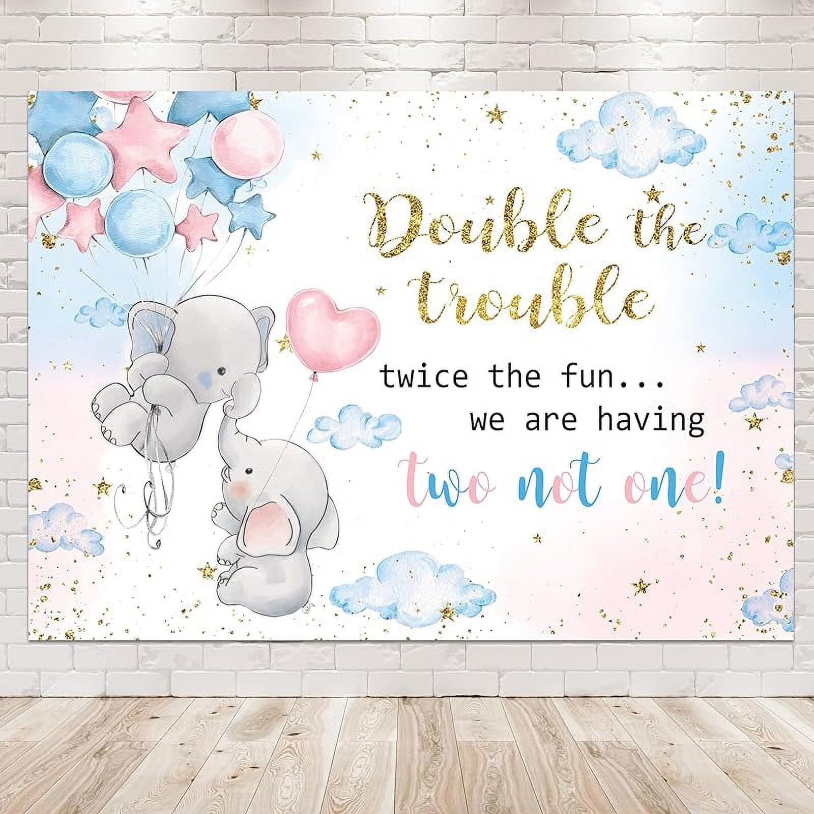 Twin Baby Shower Backdrop Elephant Gender Reveal Decorations Banner for ...