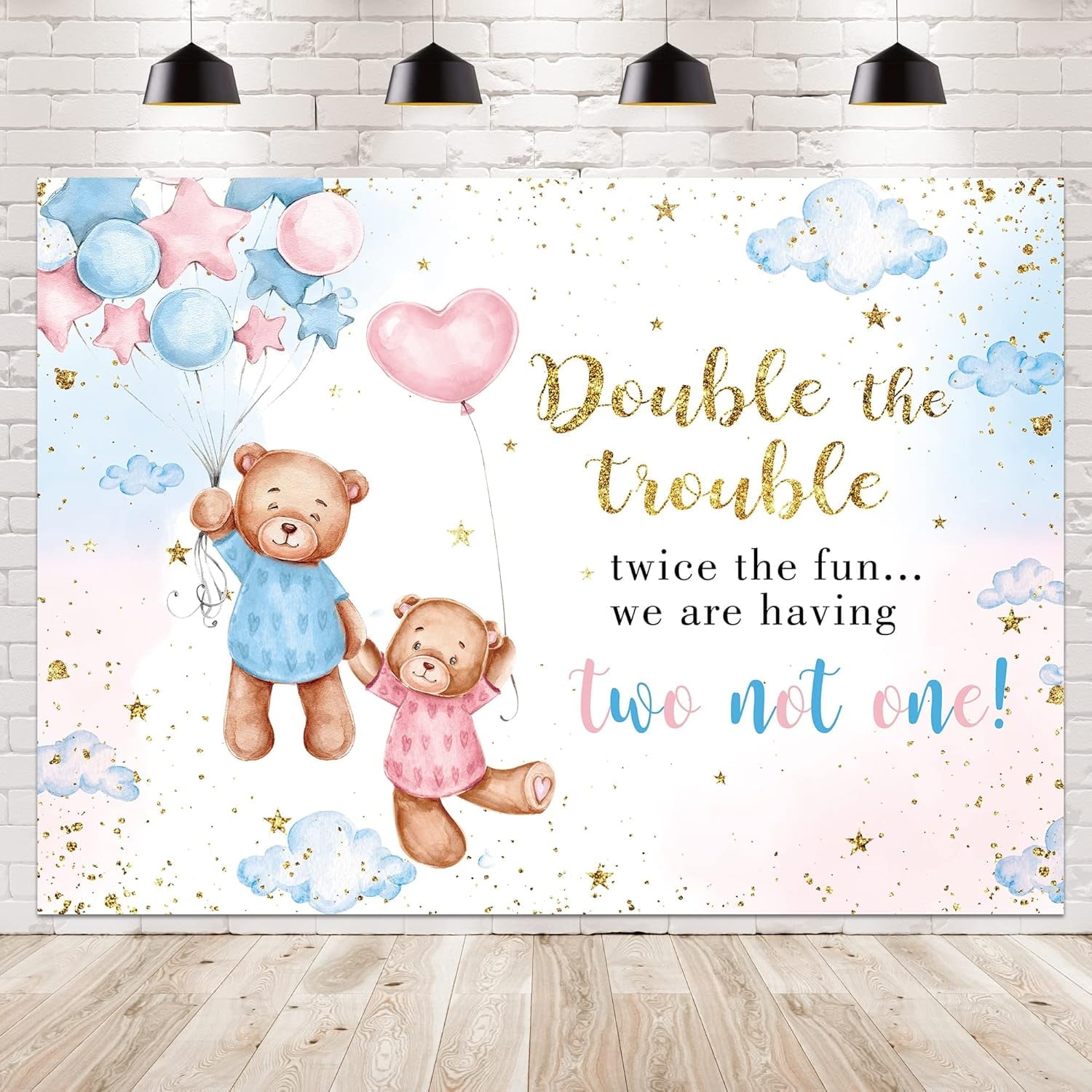 Twin Baby Shower Decorations Backdrop Bear Gender Reveal Decorations for Twins Double The ...