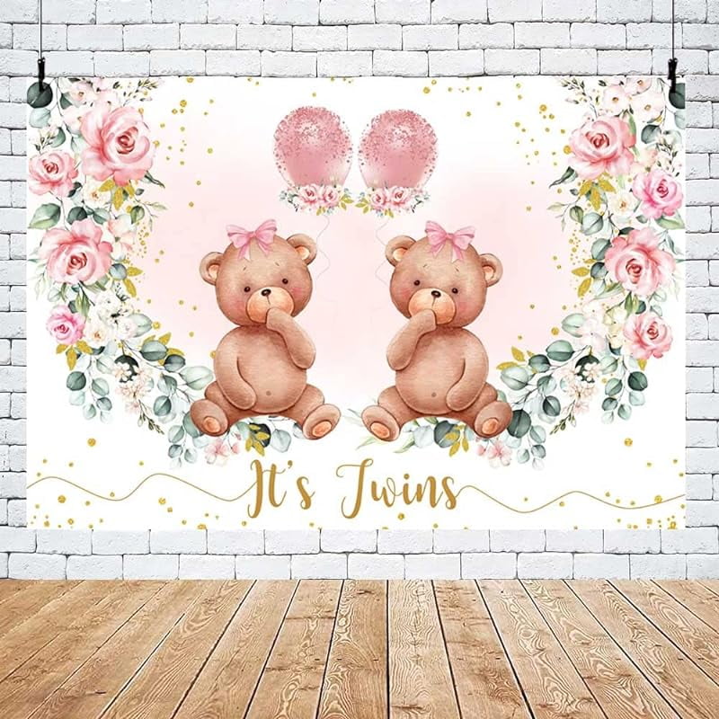 Twin Bear Backdrop, Twins Blush Pink Floral Birthday Party Decoration ...